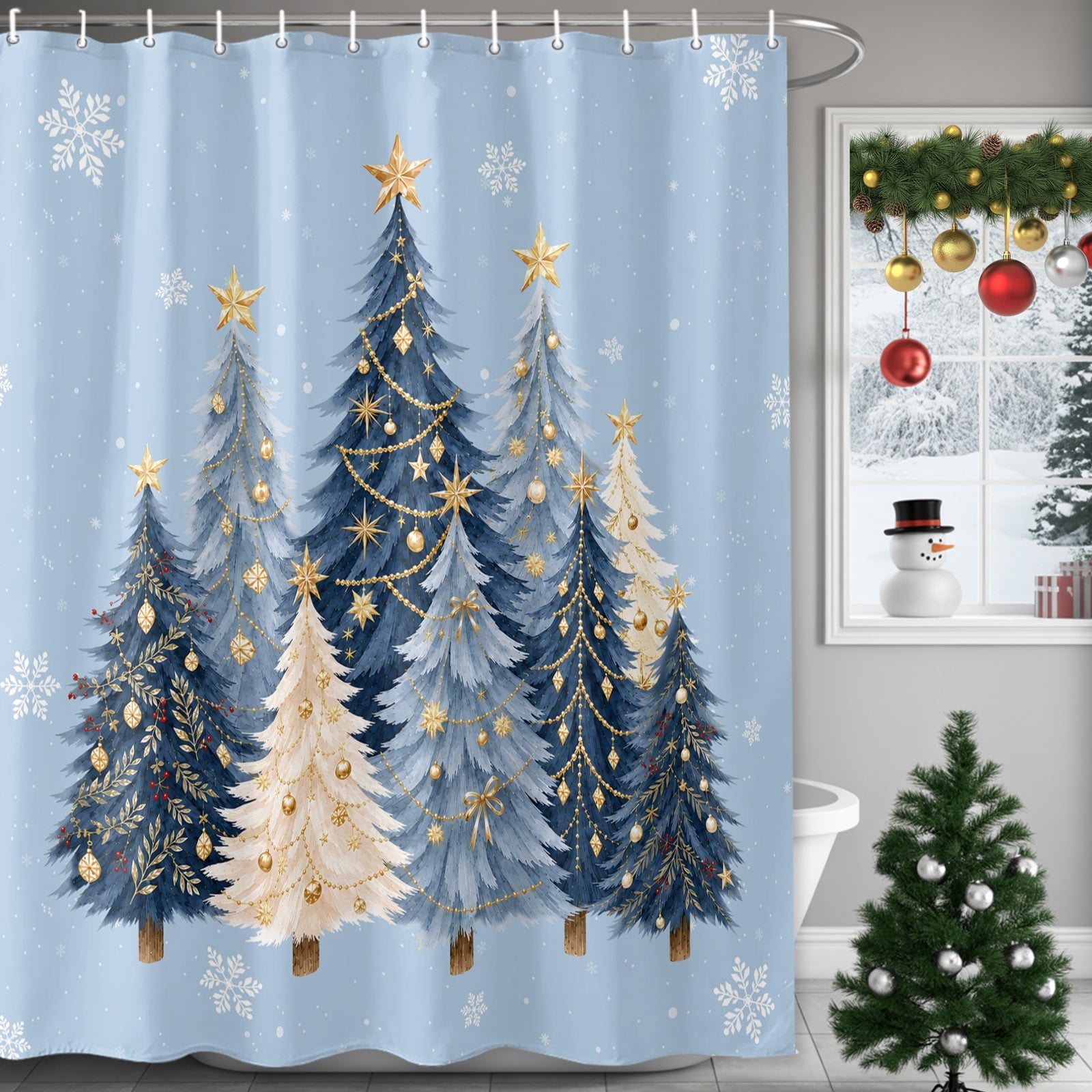 Extra Long Shower Curtain 72x84 Inch, Light Blue Christmas Trees Shower ...