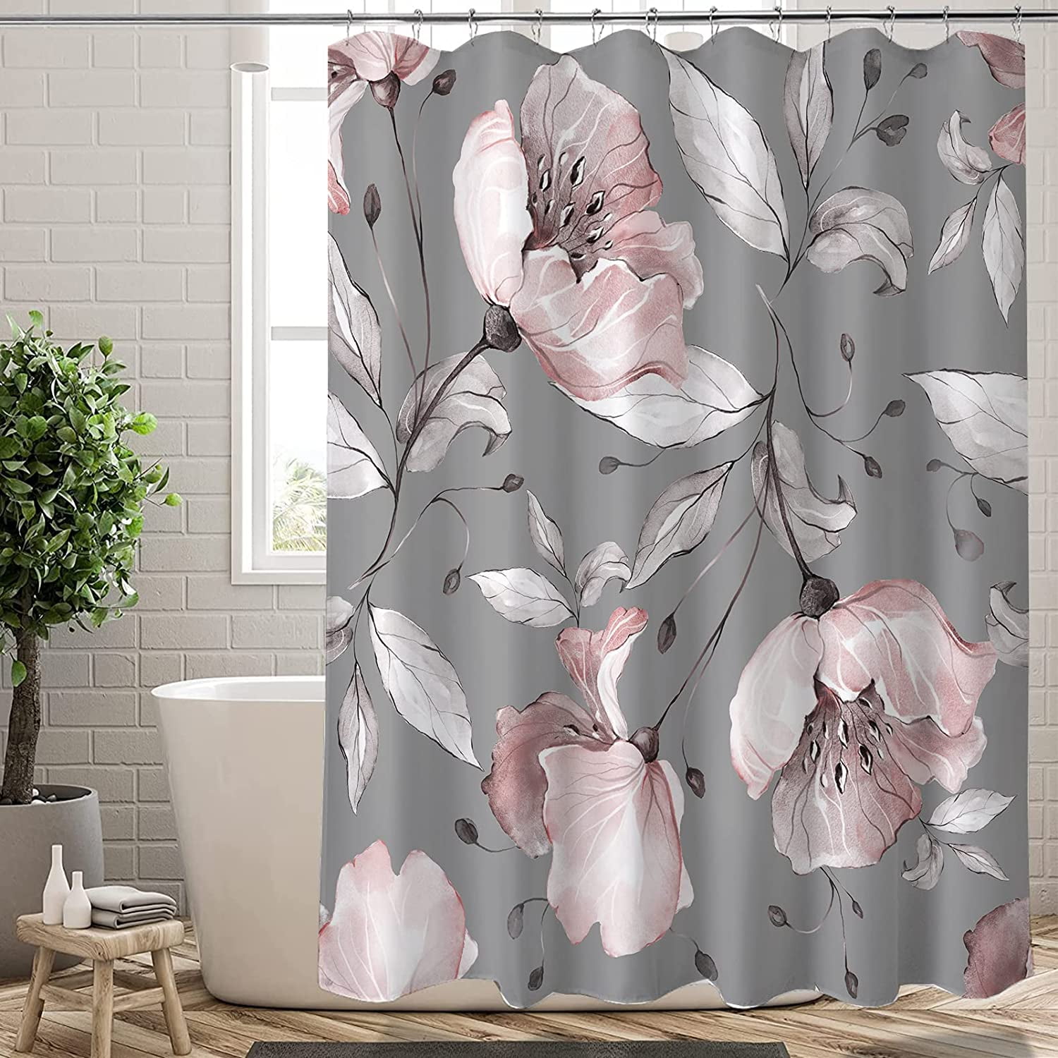 Extra Long Shower Curtain 72x84 Inch Length Aesthetic Grey Pink Floral