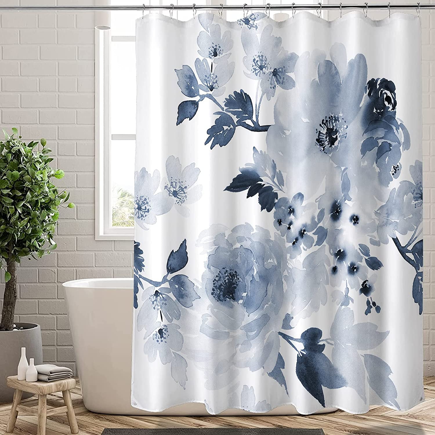 Extra Long Shower Curtain 72x84 inch Length,Watercolor Blue Floral ...