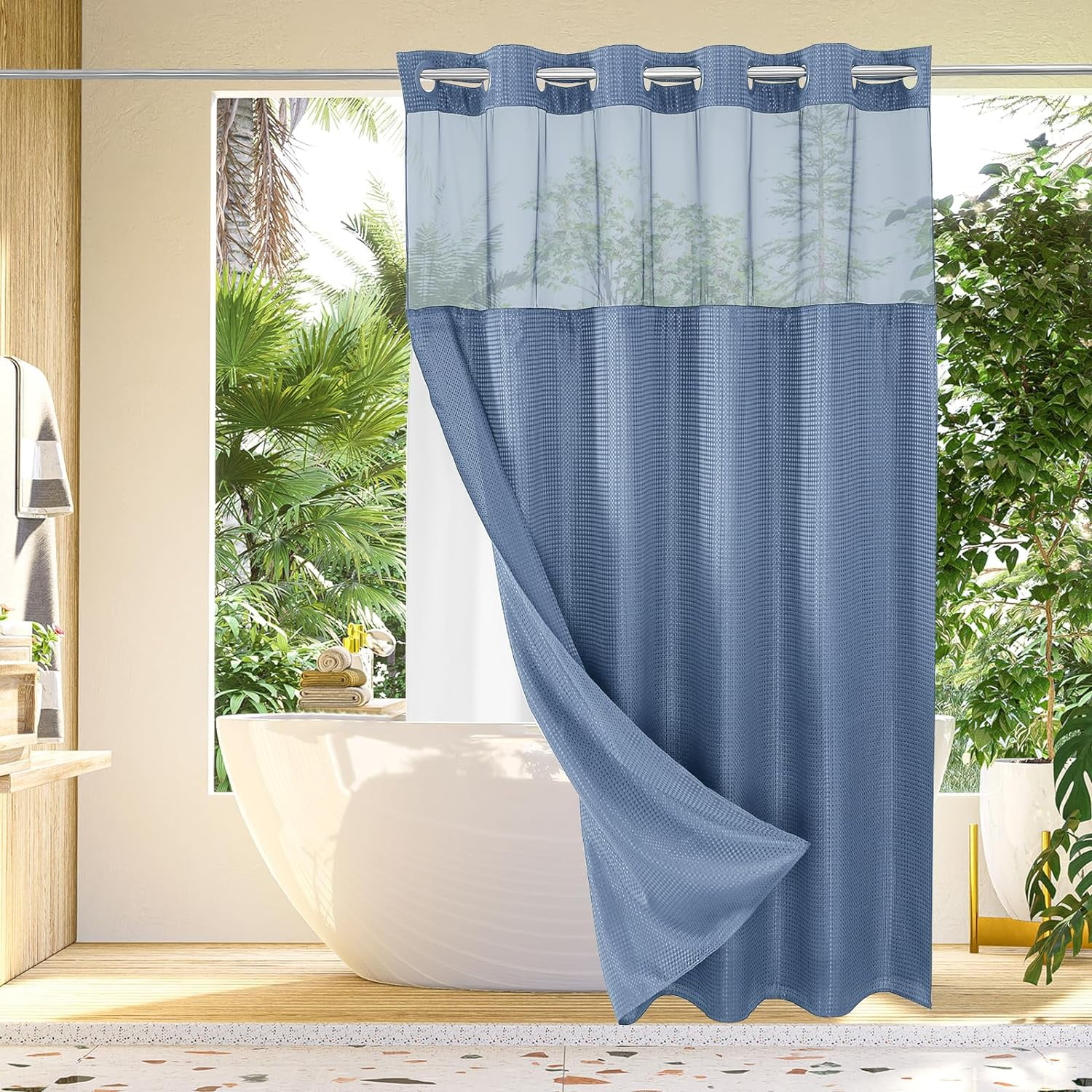 Extra Long Shower Curtain 72x86, Waffle Weave Bathroom Shower Curtain with Snap-in Fabric Liner ...