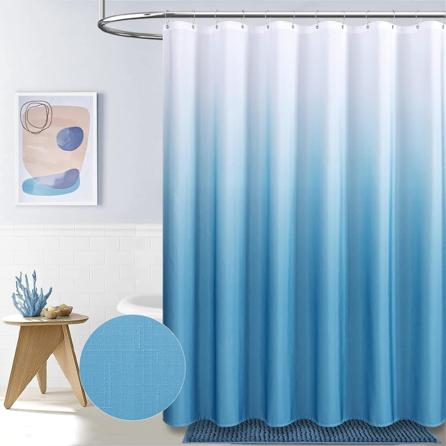 Extra Long Shower Curtain - 84 Inch Long Ombre Linen Textured Fabric Shower Curtain Set with ...