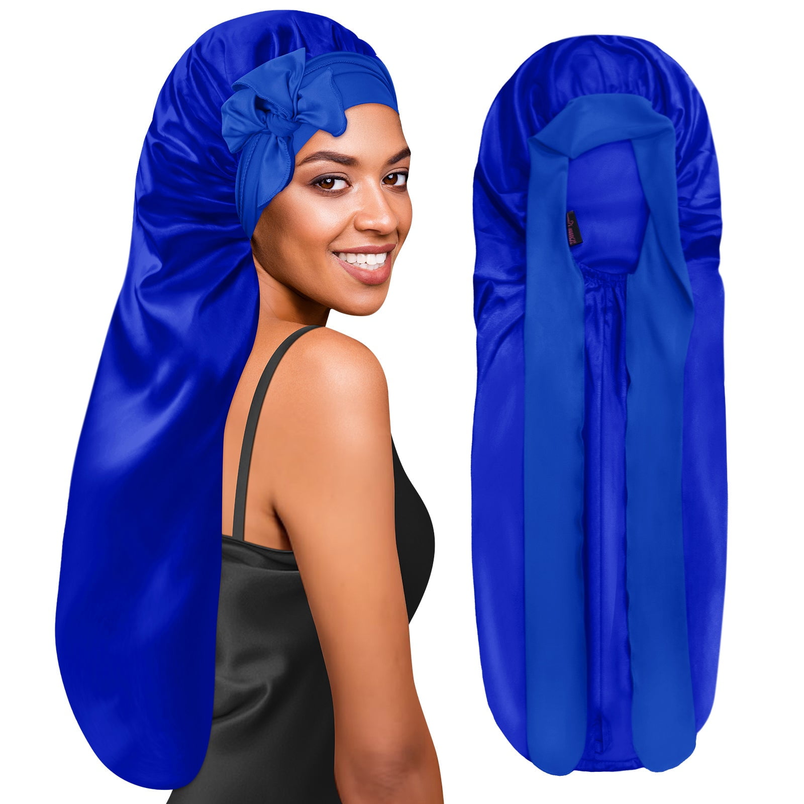 Extra Long Silky Satin Braid Bonnet with Tie Band Navy Blue - Walmart.com