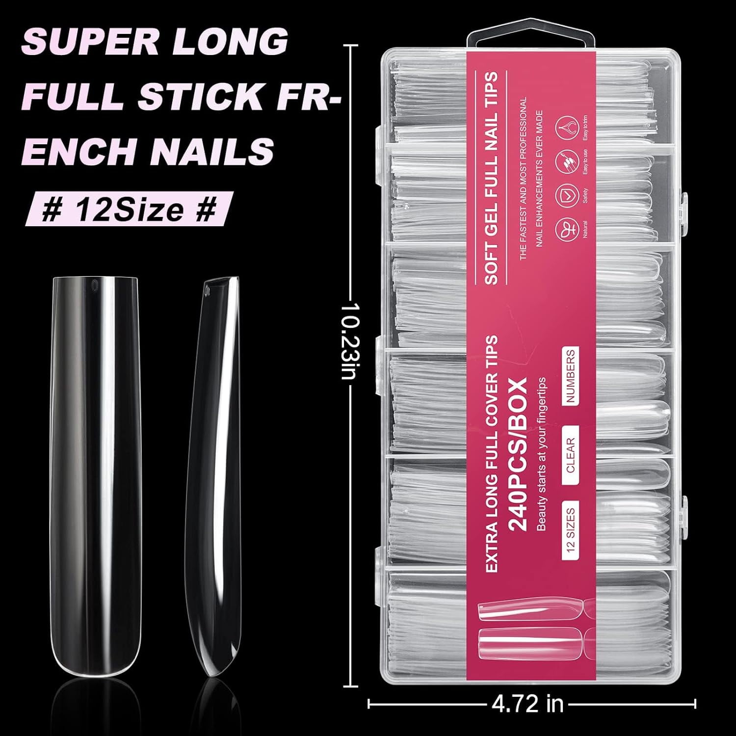 Extra Long Square Full Cover Nail Tips 240PCS Clear Full Cover Fake ...