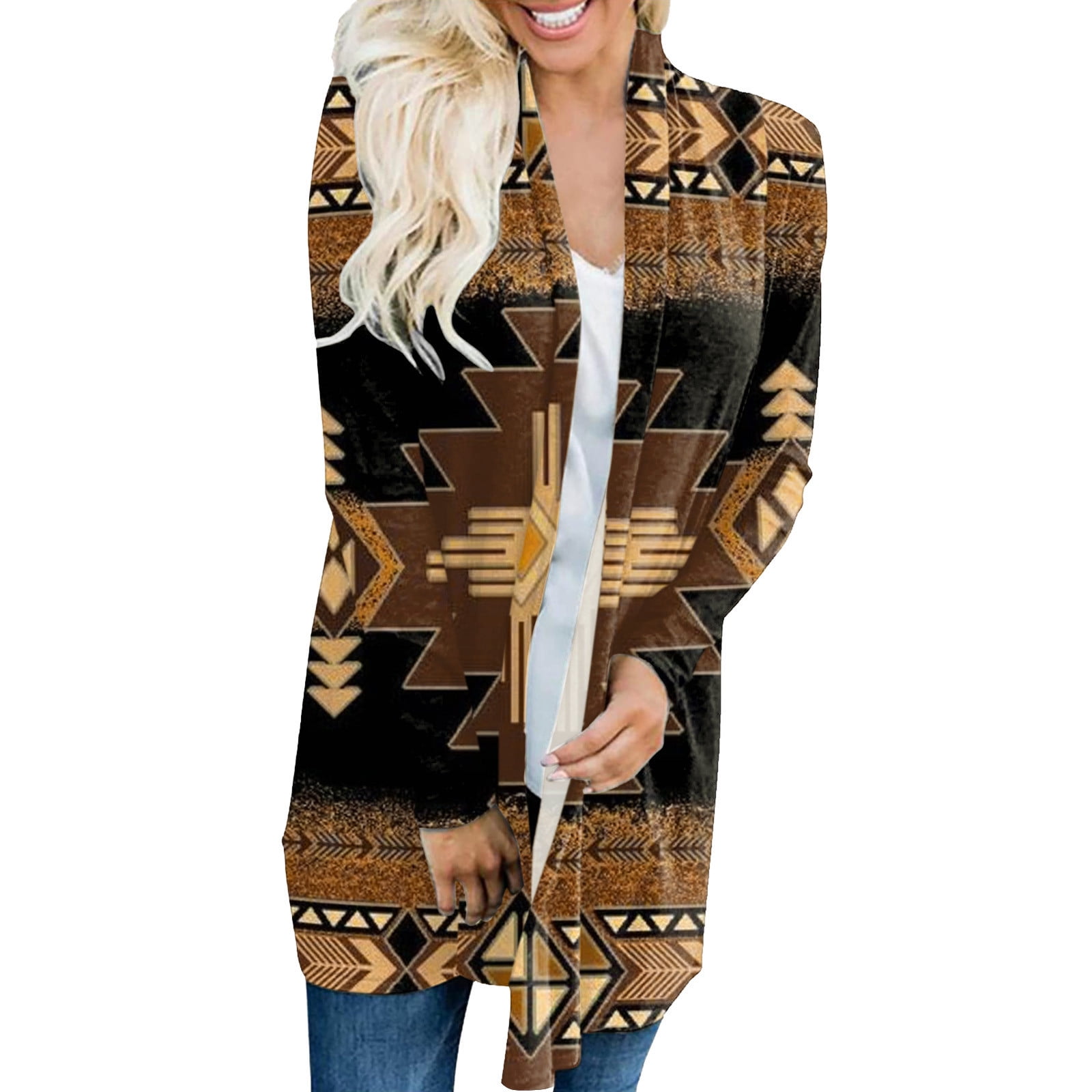 Extra Long Sweater Womens Western Ethnic Print Retro Casual Aztec Print Long Sleeve Shirt ...