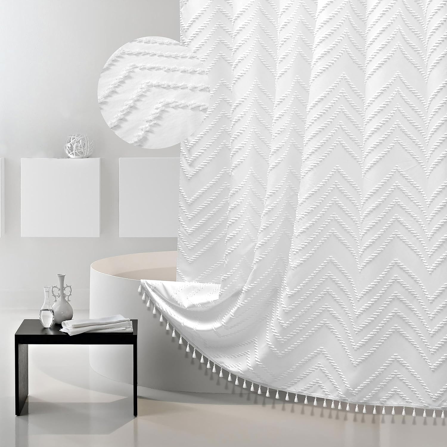 Extra Long White Boho Shower Curtain with Tassel, Woven Fabric 90 in ...
