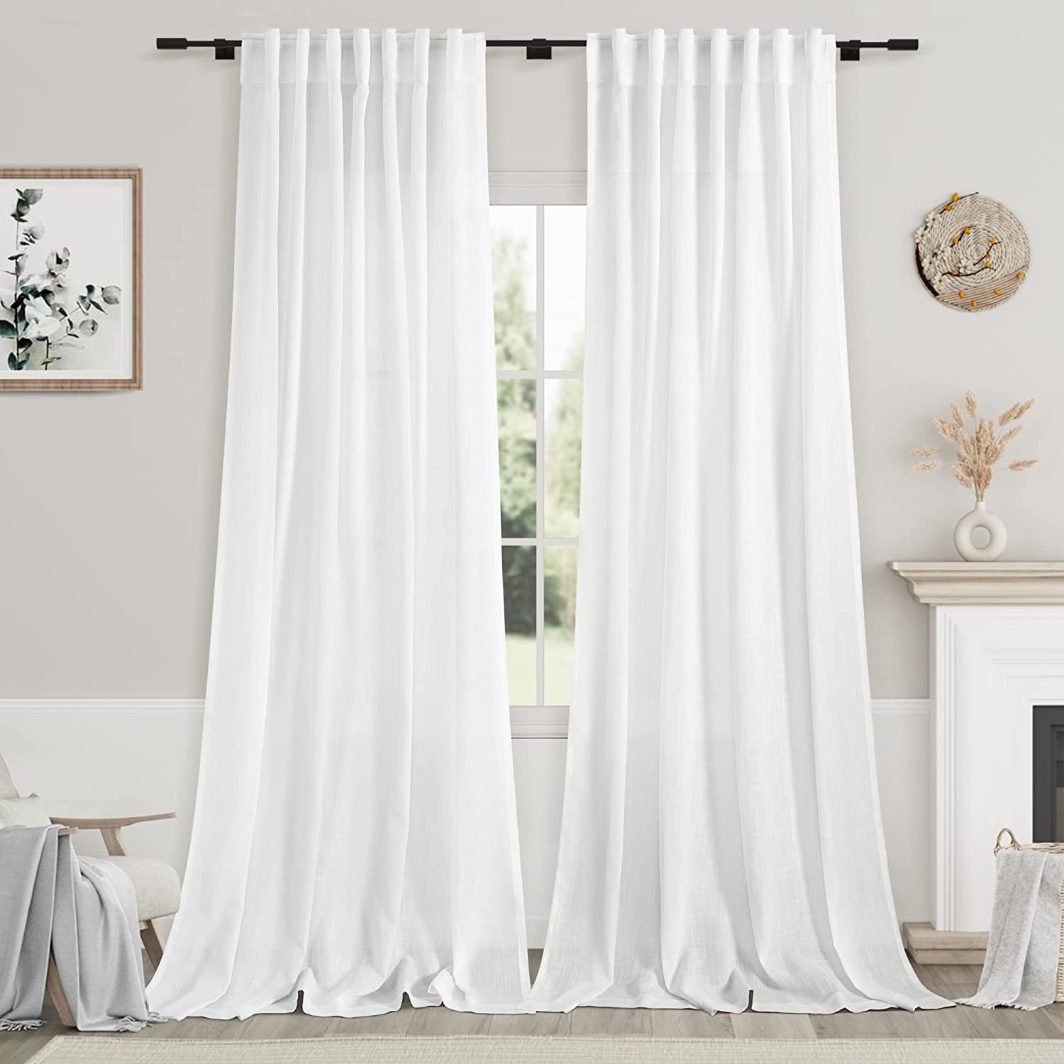 Extra Long White Curtain 108 inches Long 2 Panels Set for Living Room ...