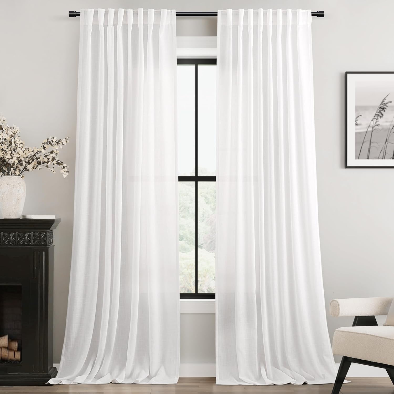 Extra Long White Textured Curtains 120" Long, Light Filtering Cotton ...