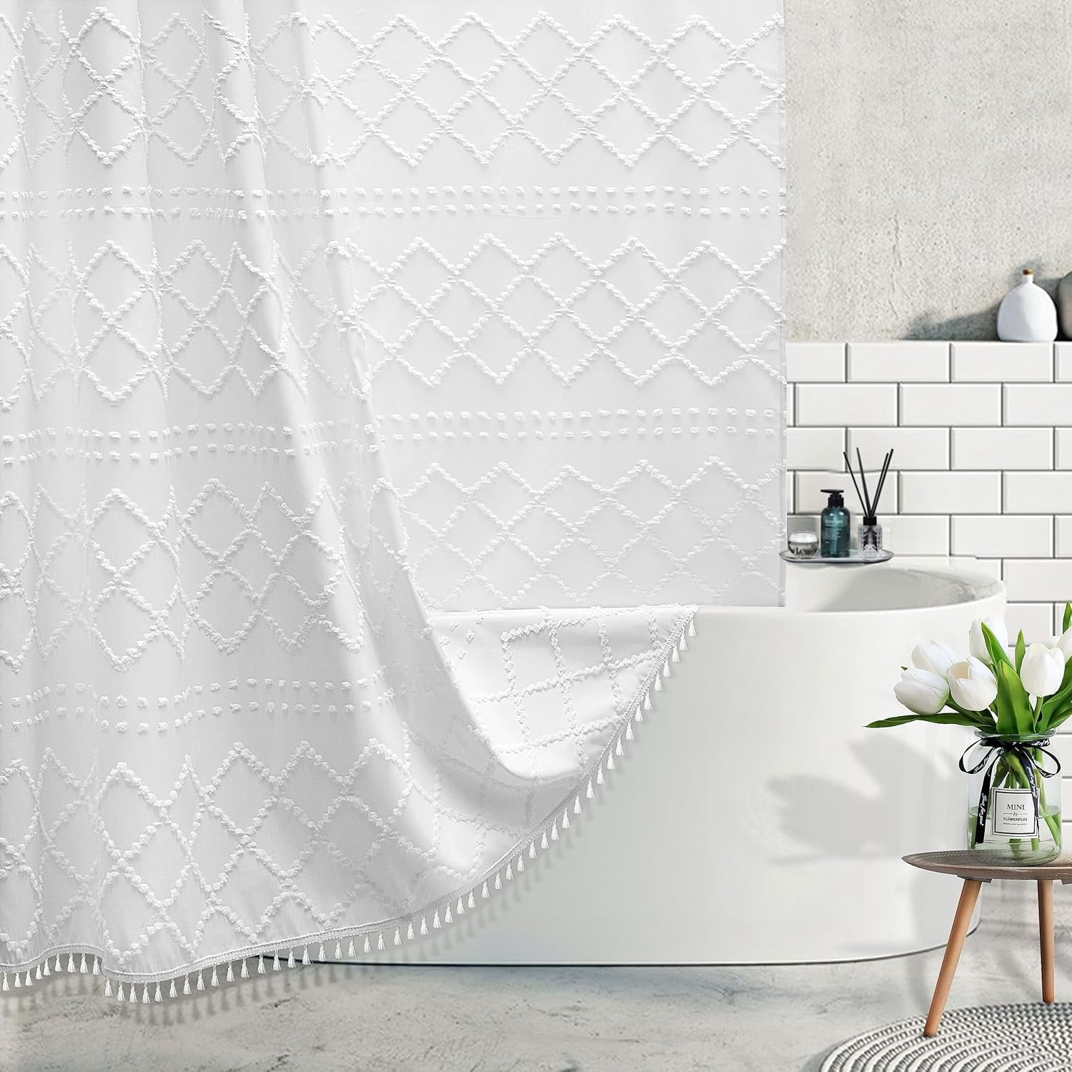 Extra Long White Textured Woven Fabric Boho Shower Curtain with Tassels ...