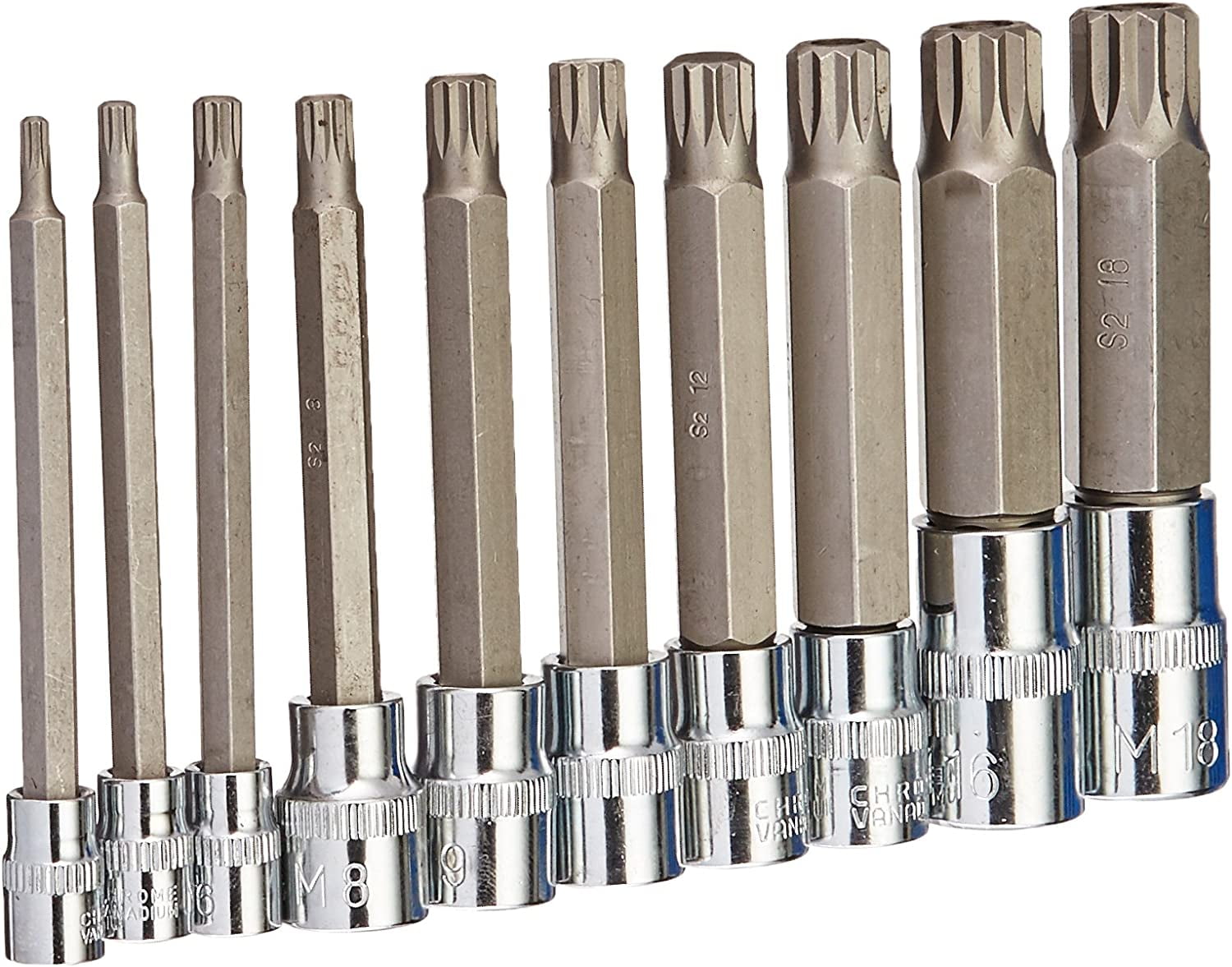 Extra Long Xzn Triple Square Spline Bit Socket Set Steel 10 Piece Set