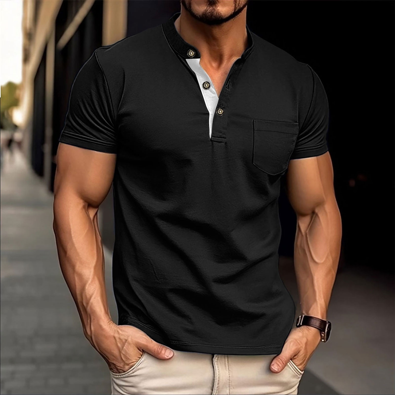 Extra Savings,Men's Solid Color Pullover Button Short Sleeve Blouse ...