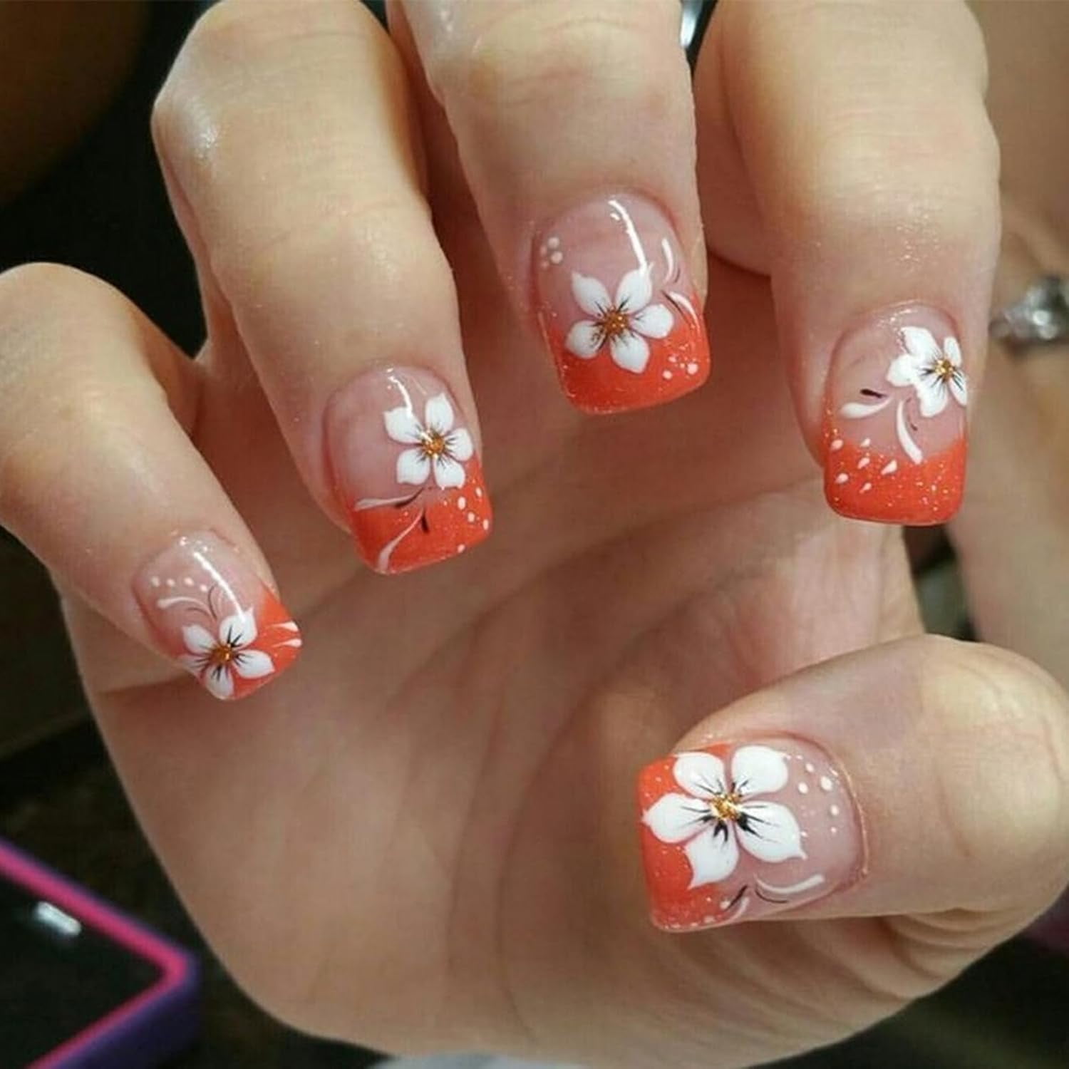 Extra Short Press on Nails Square Fake Nails Pink Full Cover Flower ...