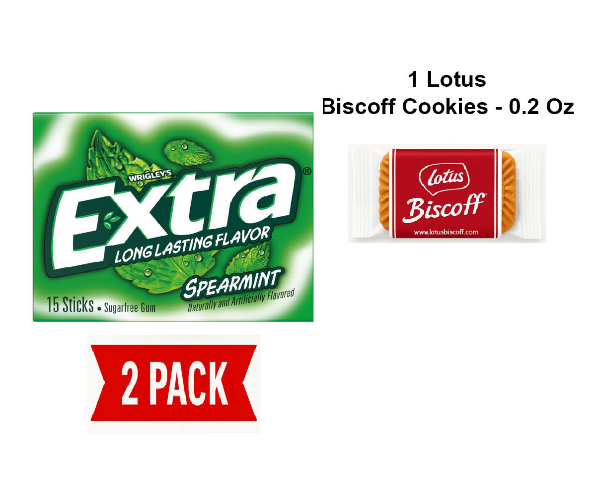 Extra Spearmint Gum, 15 count - Pack of 2 & Lotus Biscoff Cookie - 0.2 ...