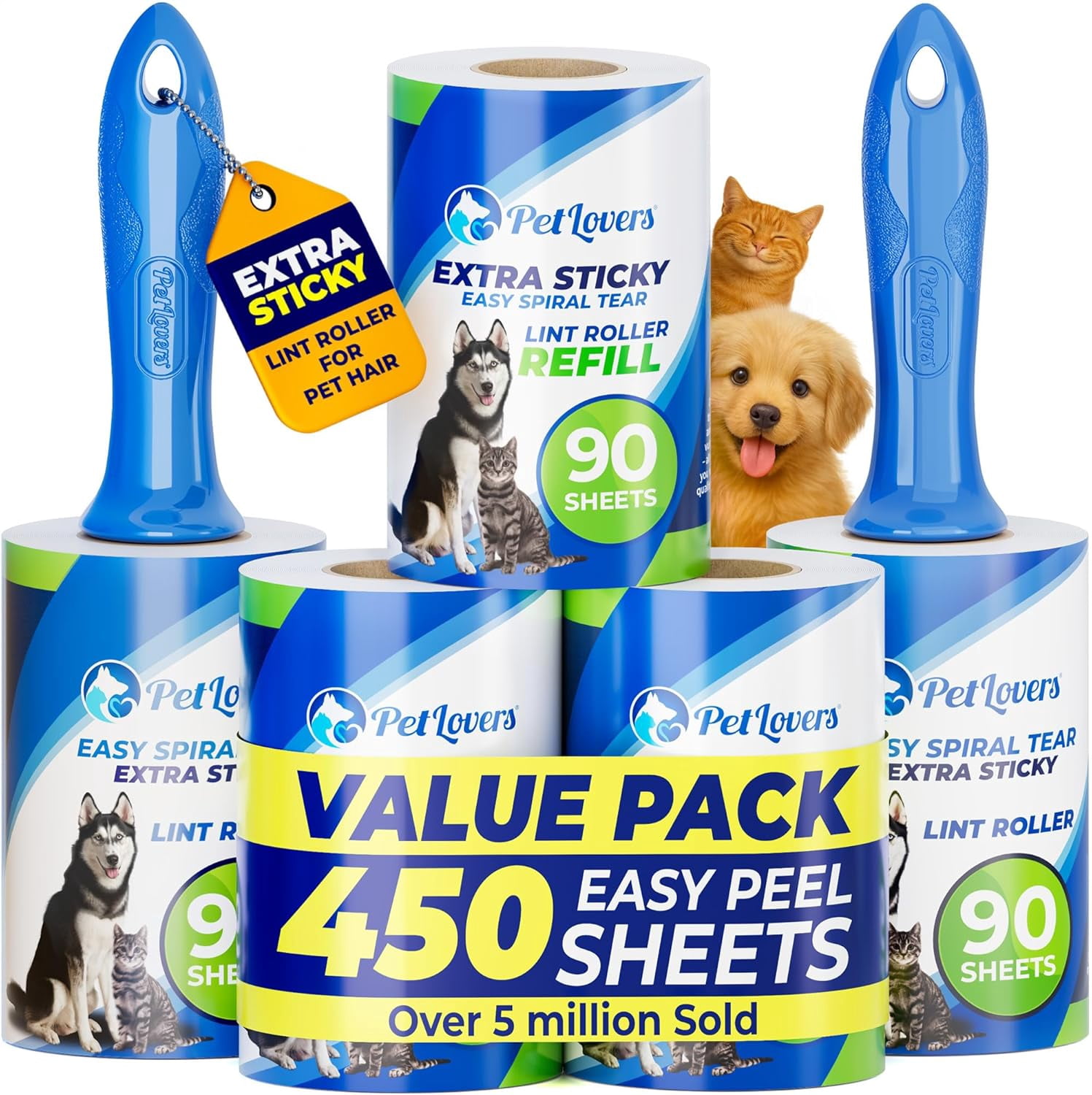 Extra Sticky Lint Roller Mega Value Set 450 Sheets for Pet Hair Removal ...