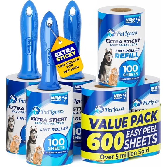 Extra Sticky Lint Roller Mega Value Set 600 Sheets for Pet Hair Removal ...