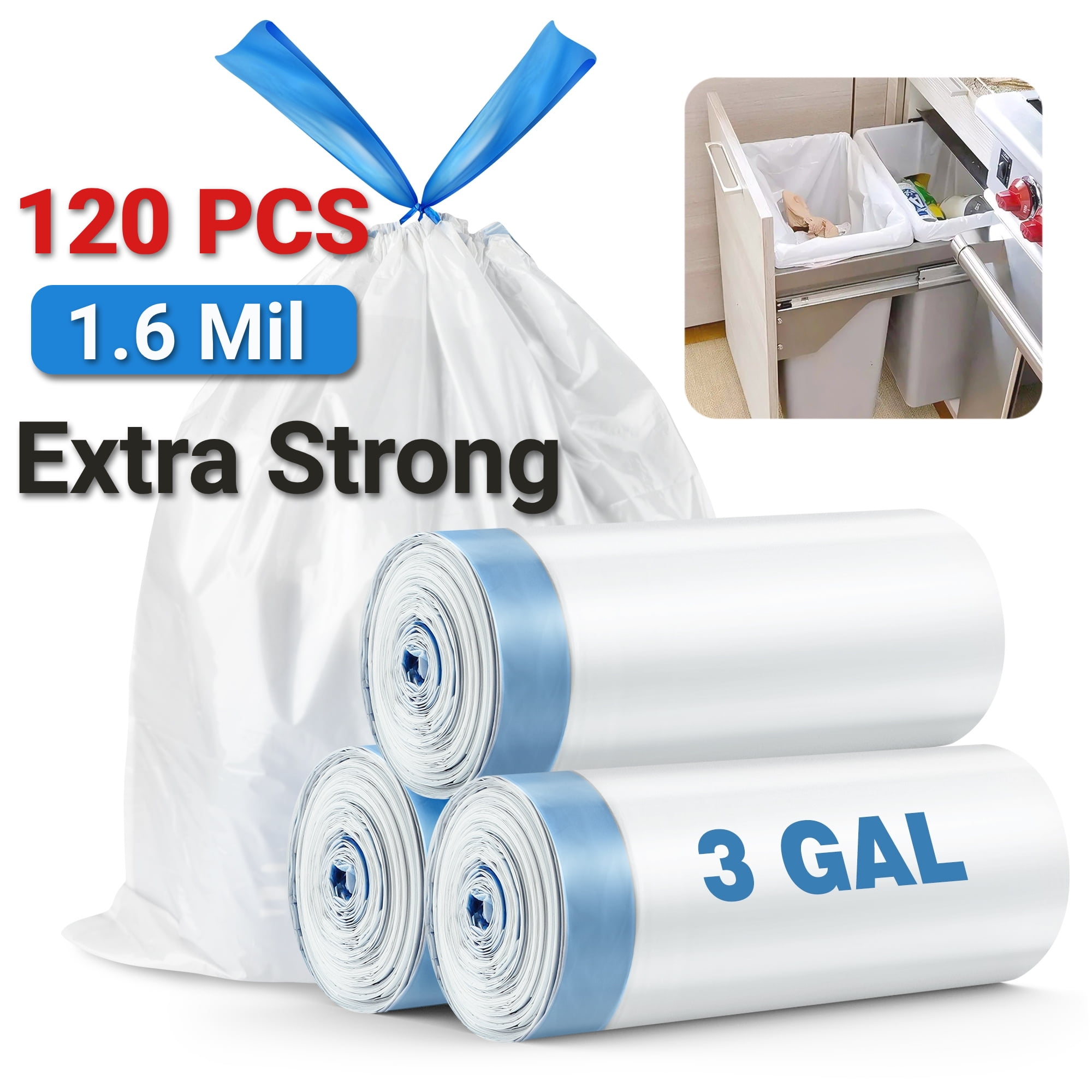 Extra Strong 1.6 Mil 3 Gallon Drawstring Trash Bag,Small Garbage Bag ...