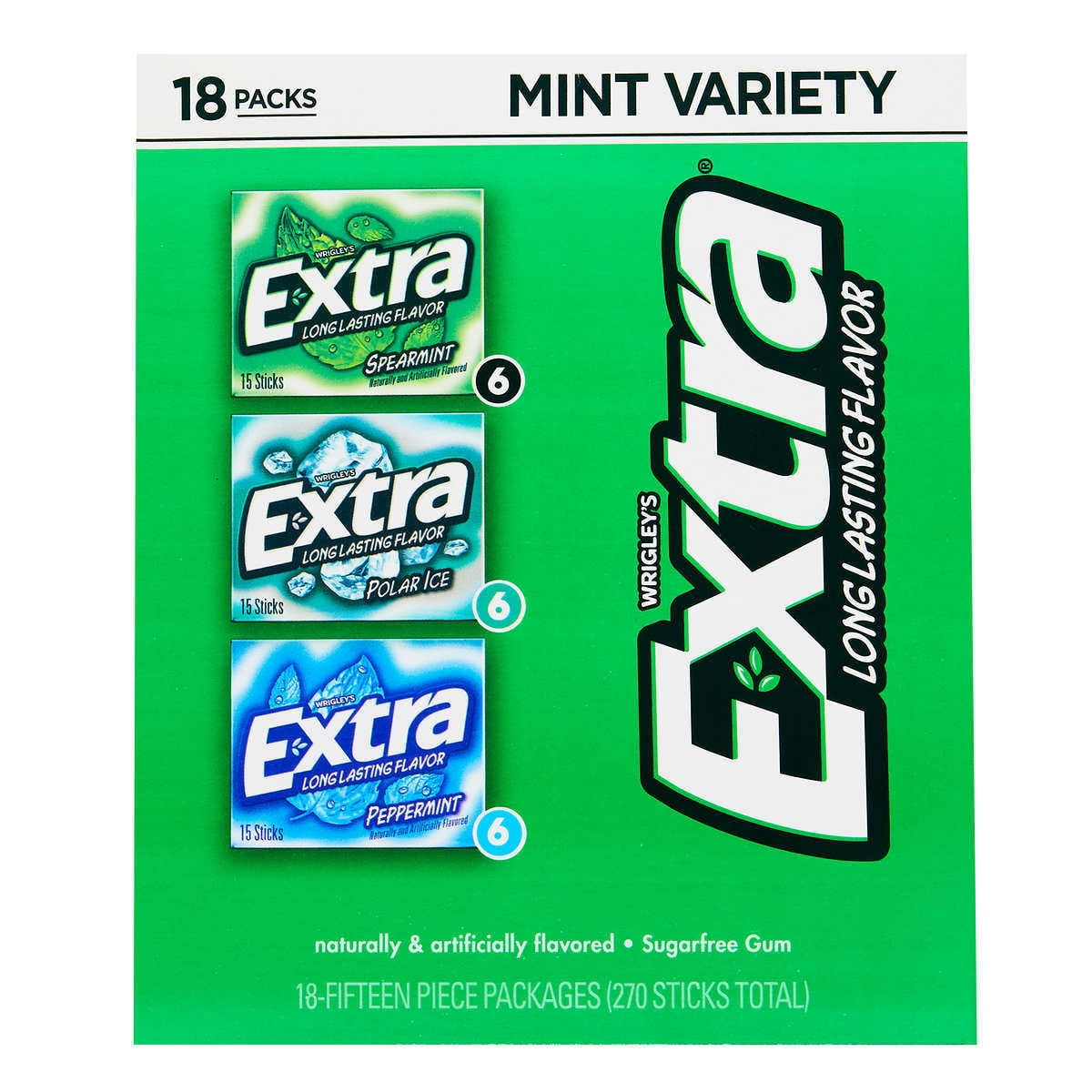 Extra Sugar Free Chewing Gum, Mint Variety Pack, Spearmint, Polar Ice, Peppermint, 15 Sticks, 18 ...