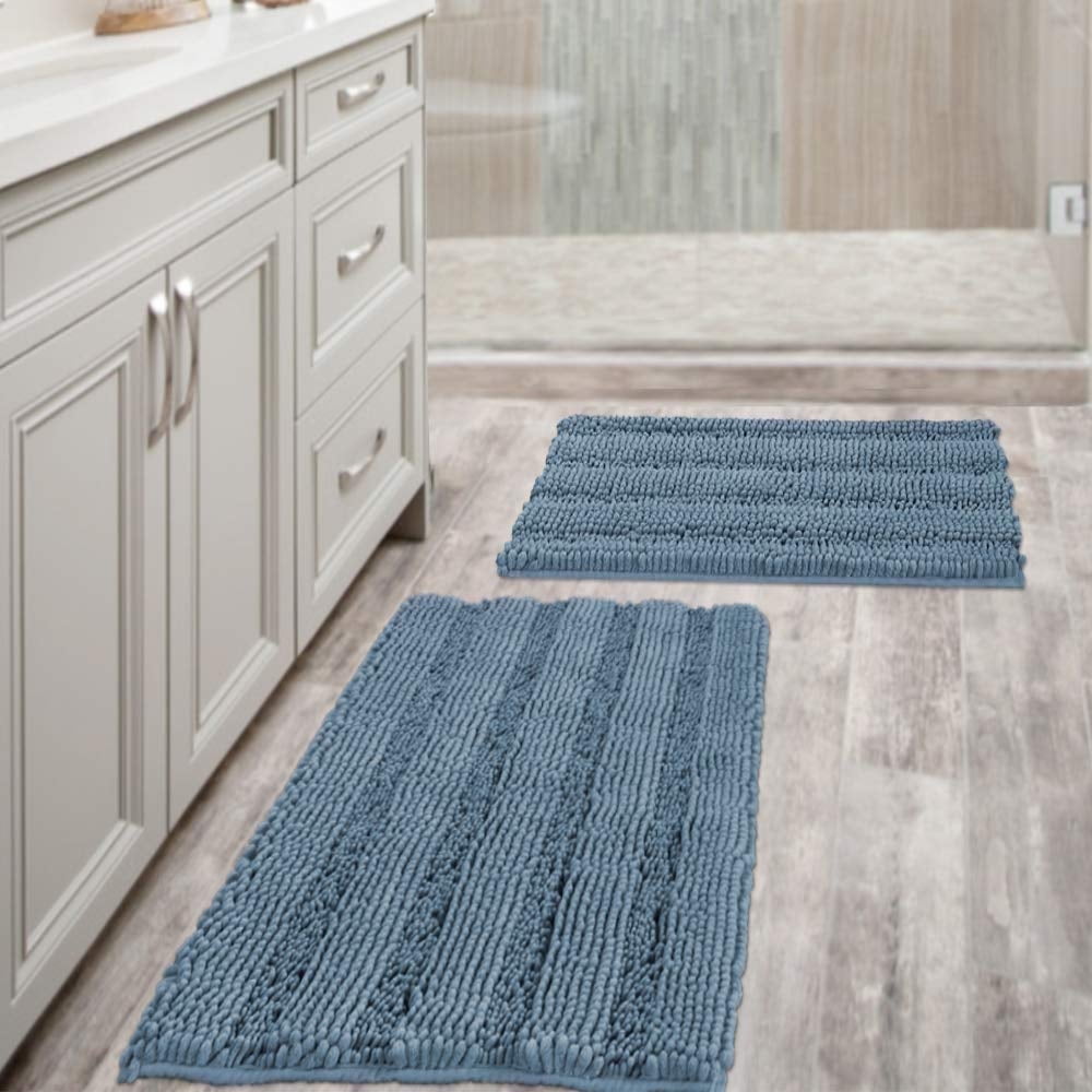 PrimeBeau Luxurious Non-Slip Chenille Bath Rugs, Striped, Stone Blue ...