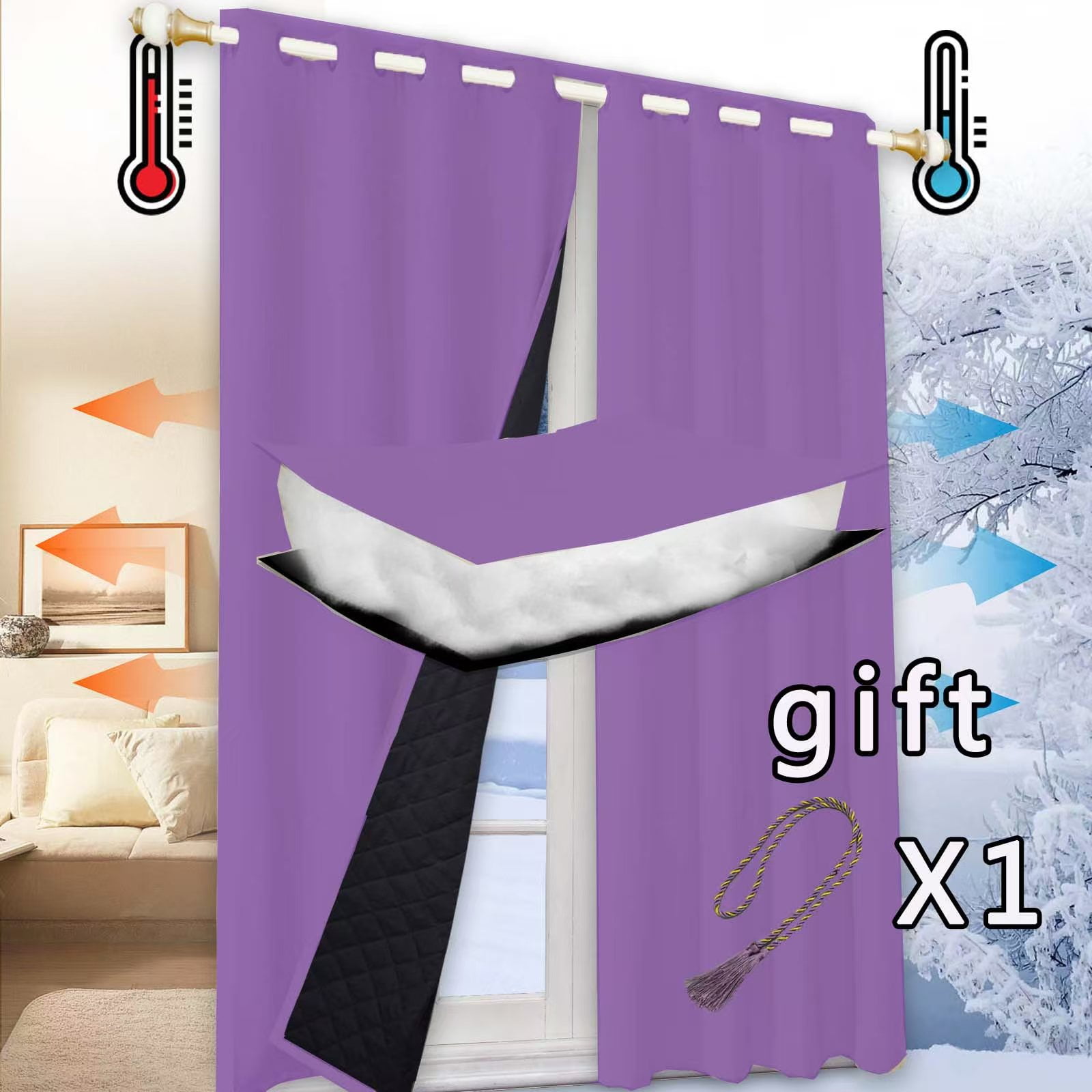 Extra Thick Insulated Curtain Purple 52x96 Inch Heavy Duty Quilted ...