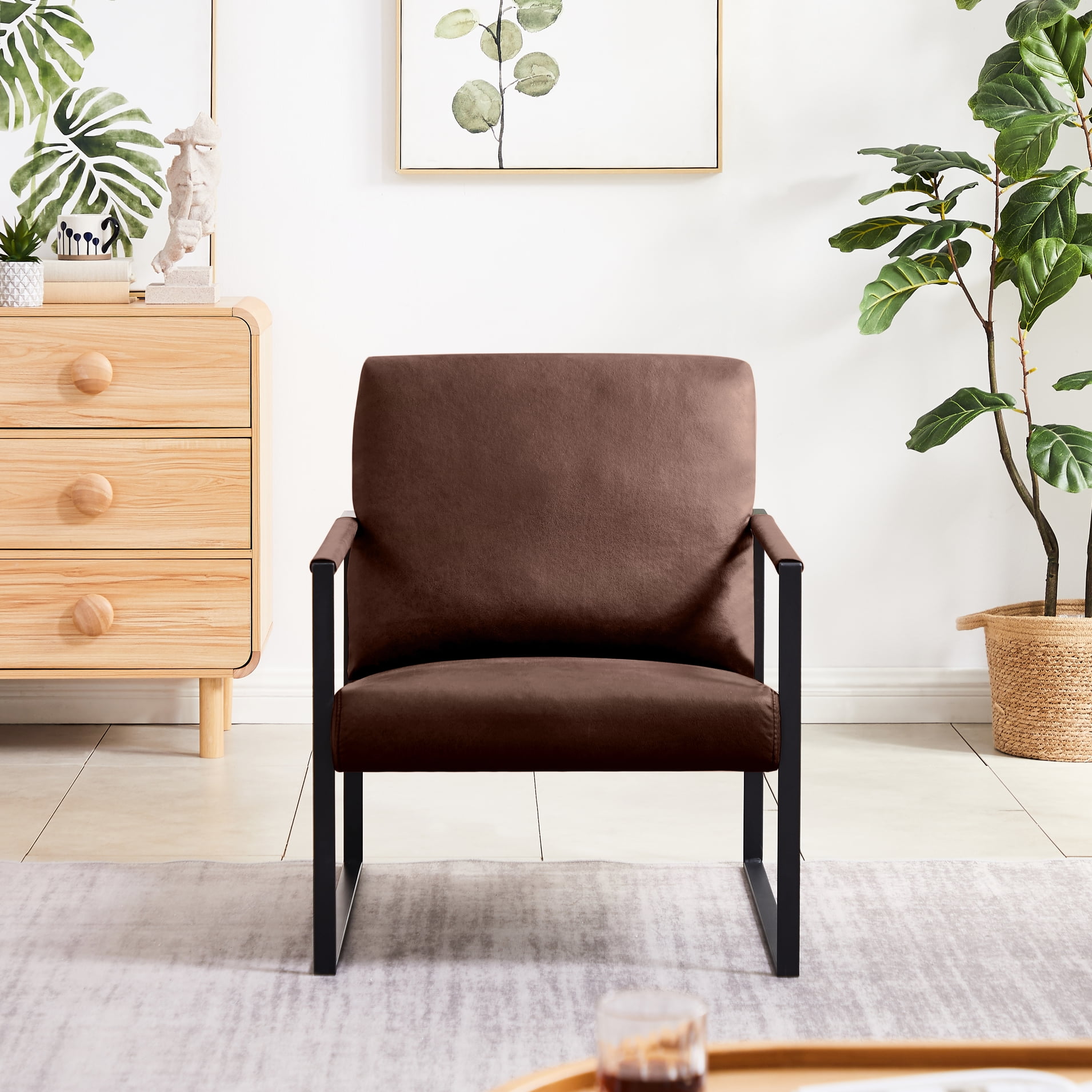 Extra Thick Padded Leather Chair - Metal Armrest, For Living Room ...