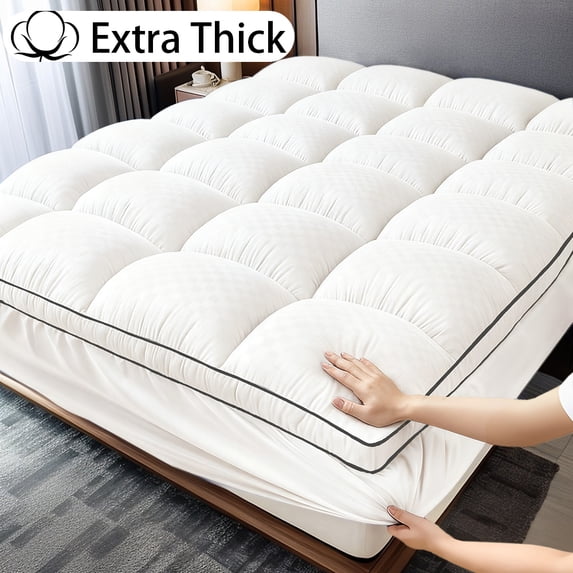 Extra Thick Plush Mattress Topper, Deep Pocket Fitted Bed Pad, Soft ...