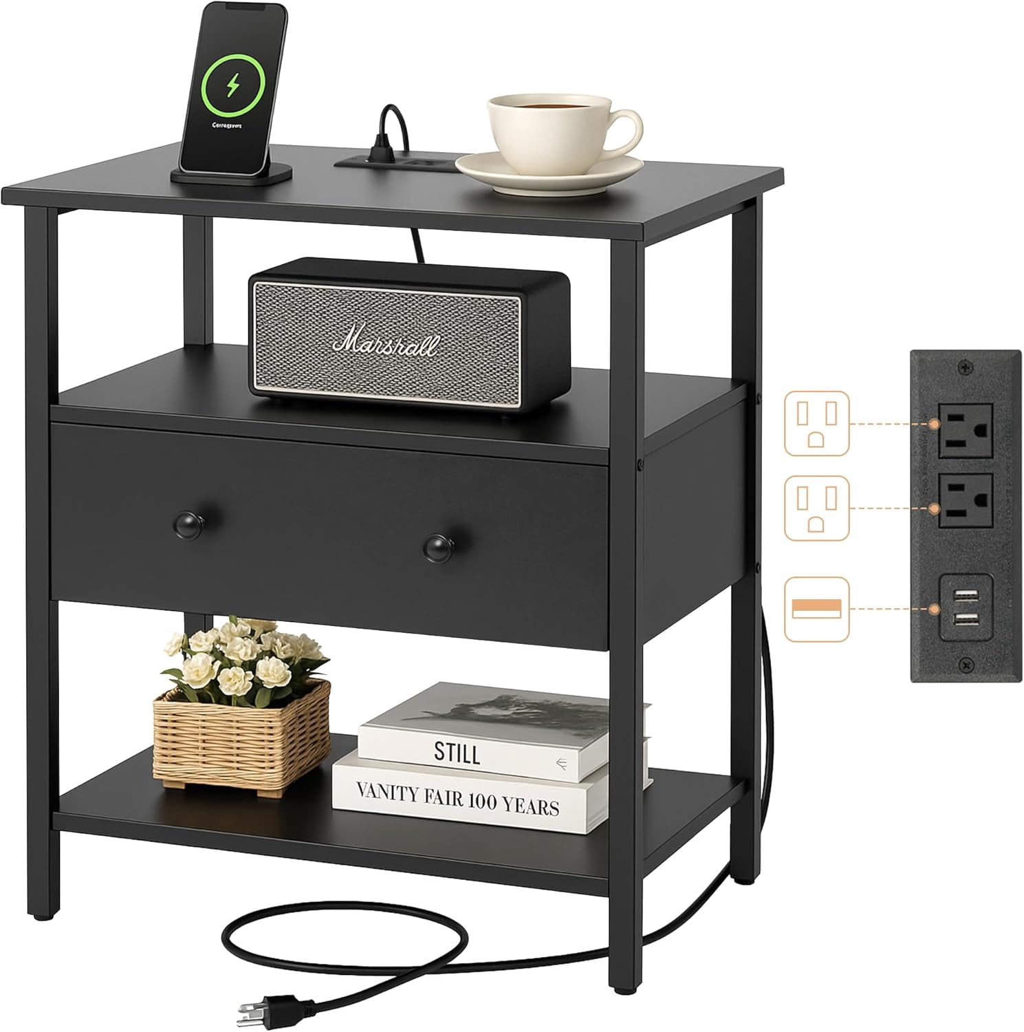 Extra Wide 27" Nightstand with Charging Station & Storage Drawer, 3 ...