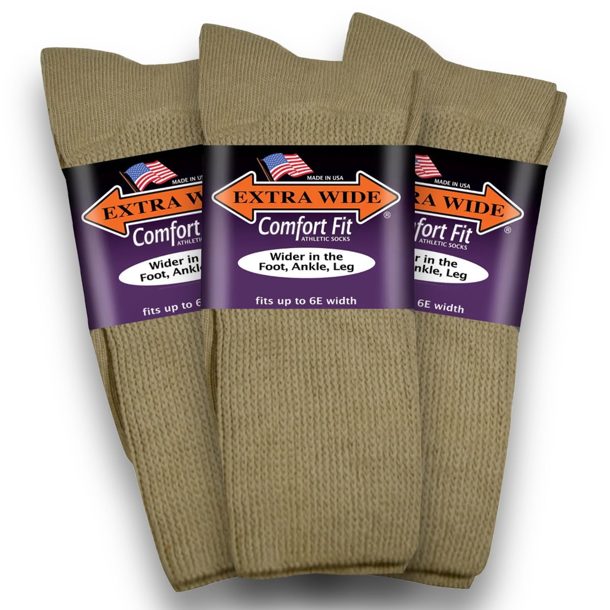 Extra Wide Comfort Fit Cotton Athletic Crew (Mid-Calf) Tan Socks (3 ...