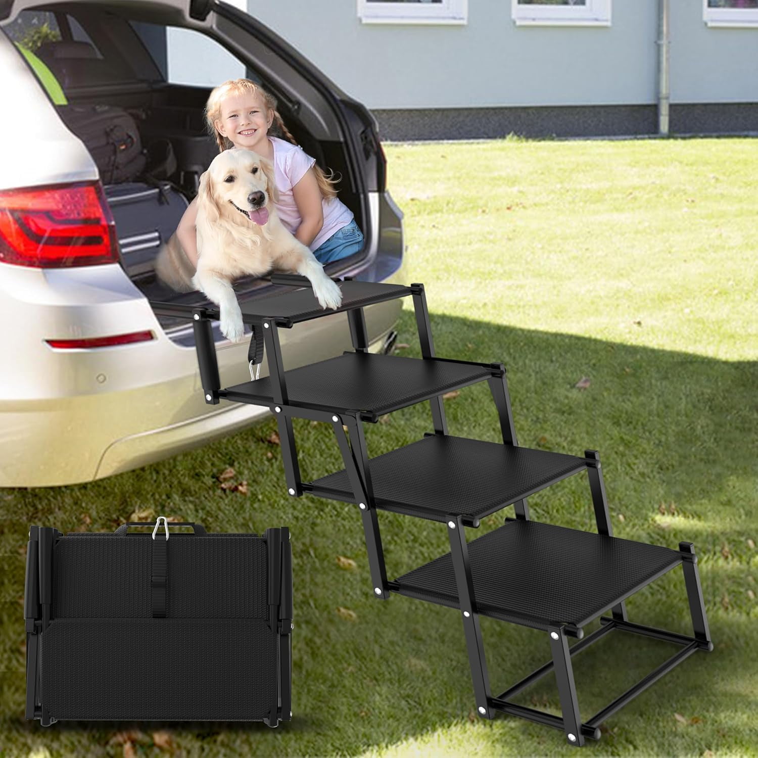 Extra Wide Dog Stairs for Car, Foldable Dog Ramp for Car with Non-Slip ...