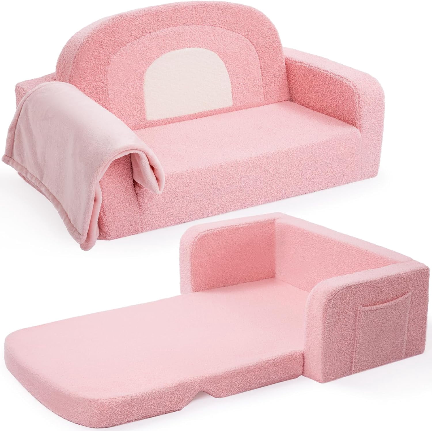 Extra Wide Kids Couch, 2-in-1 Soft Toddler Couch with Blanket, Comfy ...