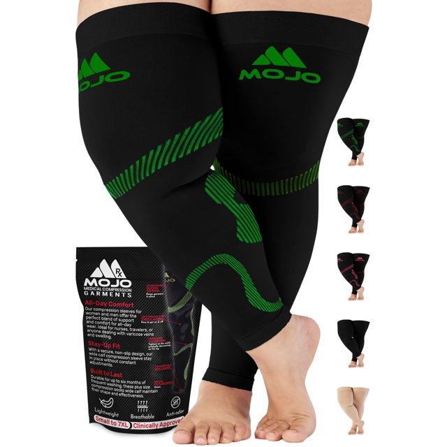 Mojo Compression Thigh High Footless Unisex 20-30mmHg Black/Green, 2X ...