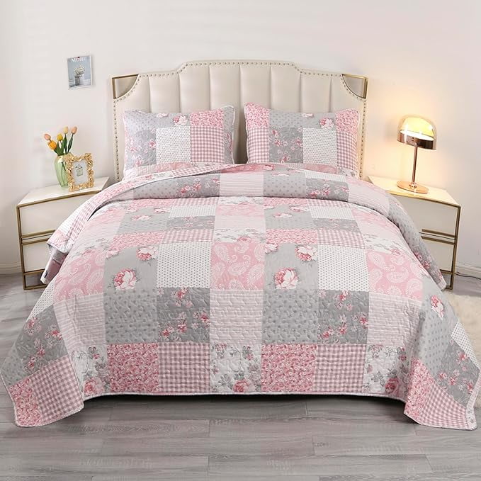 Extra-large double bed pink grey floral checked patchwork quilt cover ...