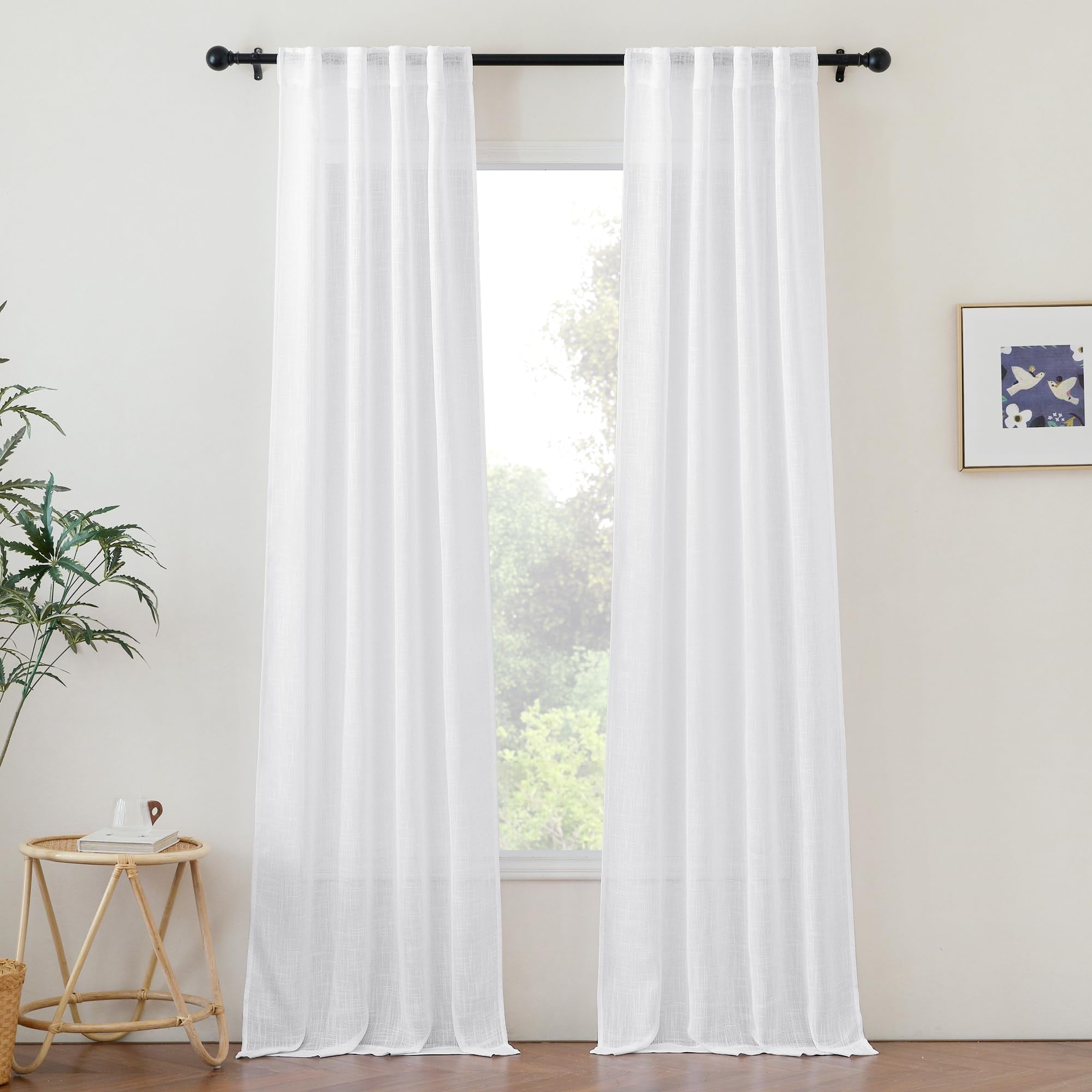 Extra long white sheer curtains 90 inches, rod pocket and back tab ...