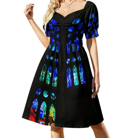 Exuberant Stained Glass Windows in Varicoloured Blues Sleeveless Dress ...