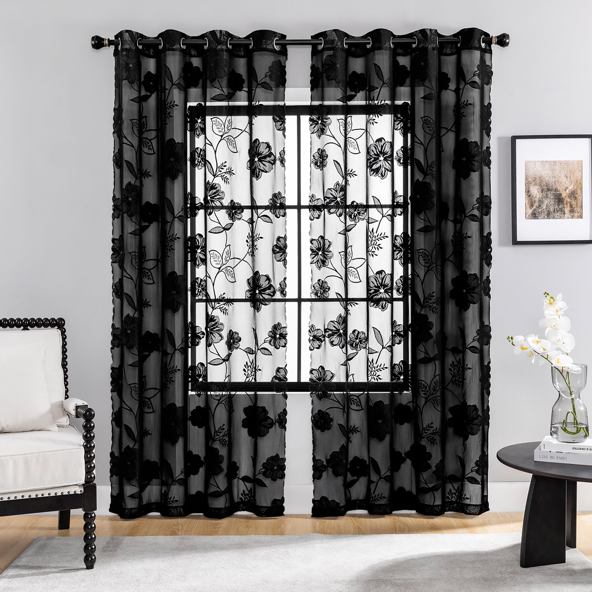 Exultantex Black Lace Sheer Curtains, 63 inch, Embroidered Roses, Rod ...