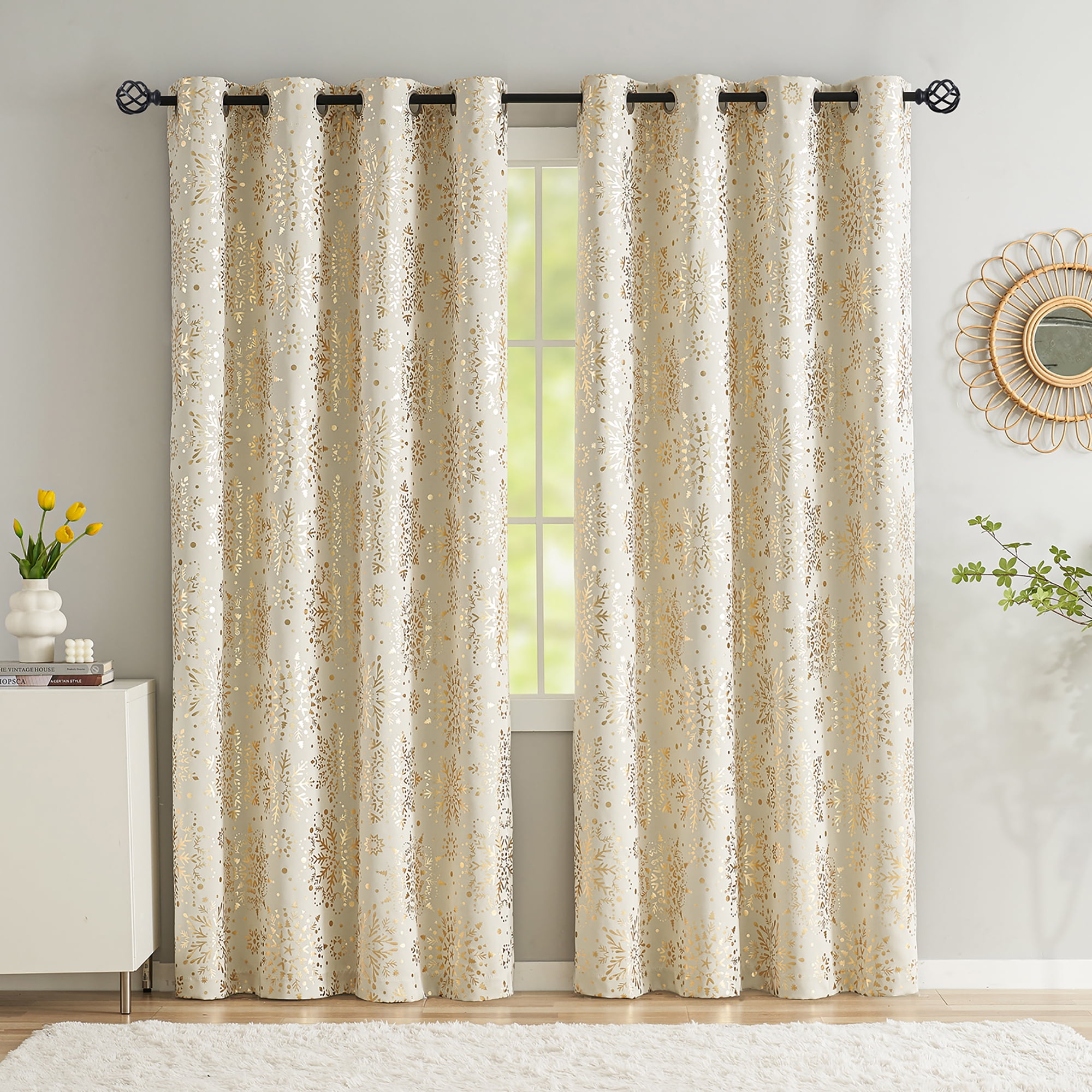 Exultantex Blackout Window Curtain Grommets Gold Metallic Print Snowflake Floral Thermal Insulated 50x95 2PCS Ivory