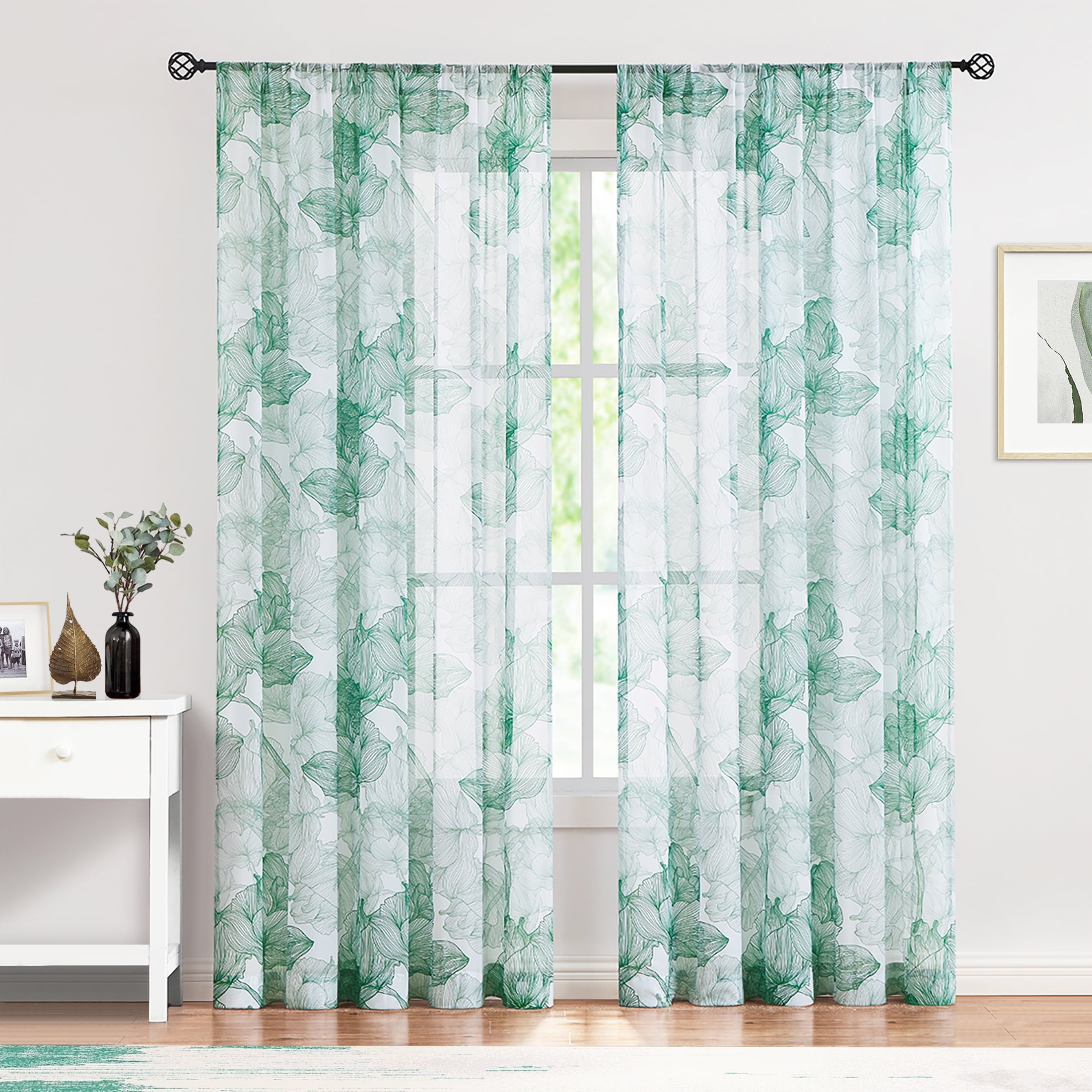 Exultantex Green White Lotus Print Rod Pocket Sheer Curtains, 55” x 63 ...