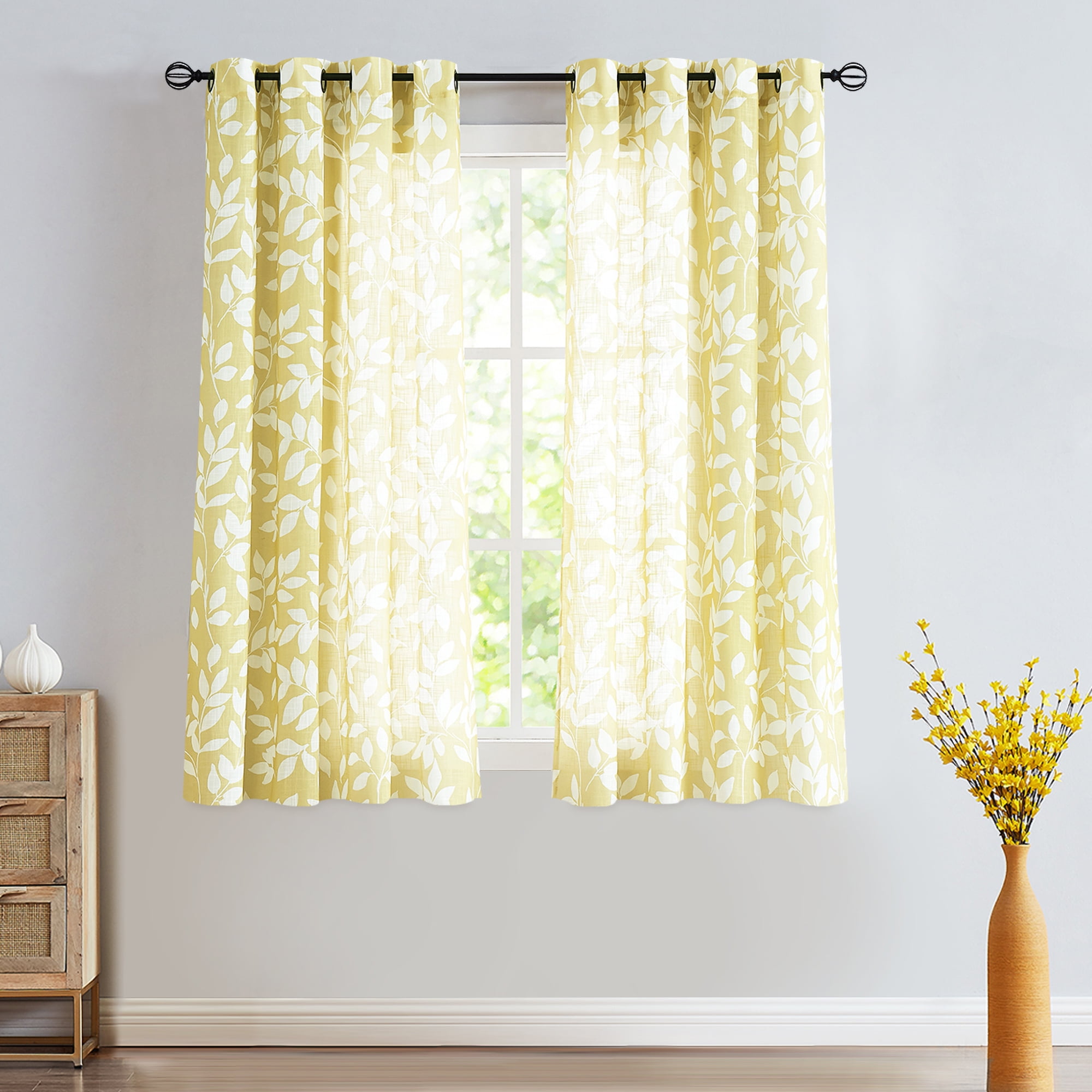 Exultantex Leaf Print Sheer Curtain with Grommets - W55"×L64", Yellow ...
