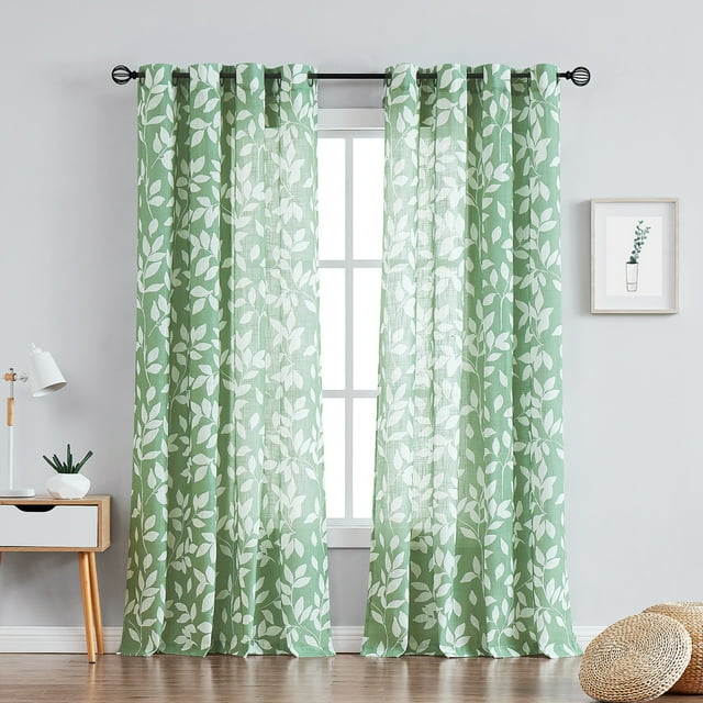 Exultantex Leaf Print Sheer Curtain with Grommets - W55"×L84", Green ...
