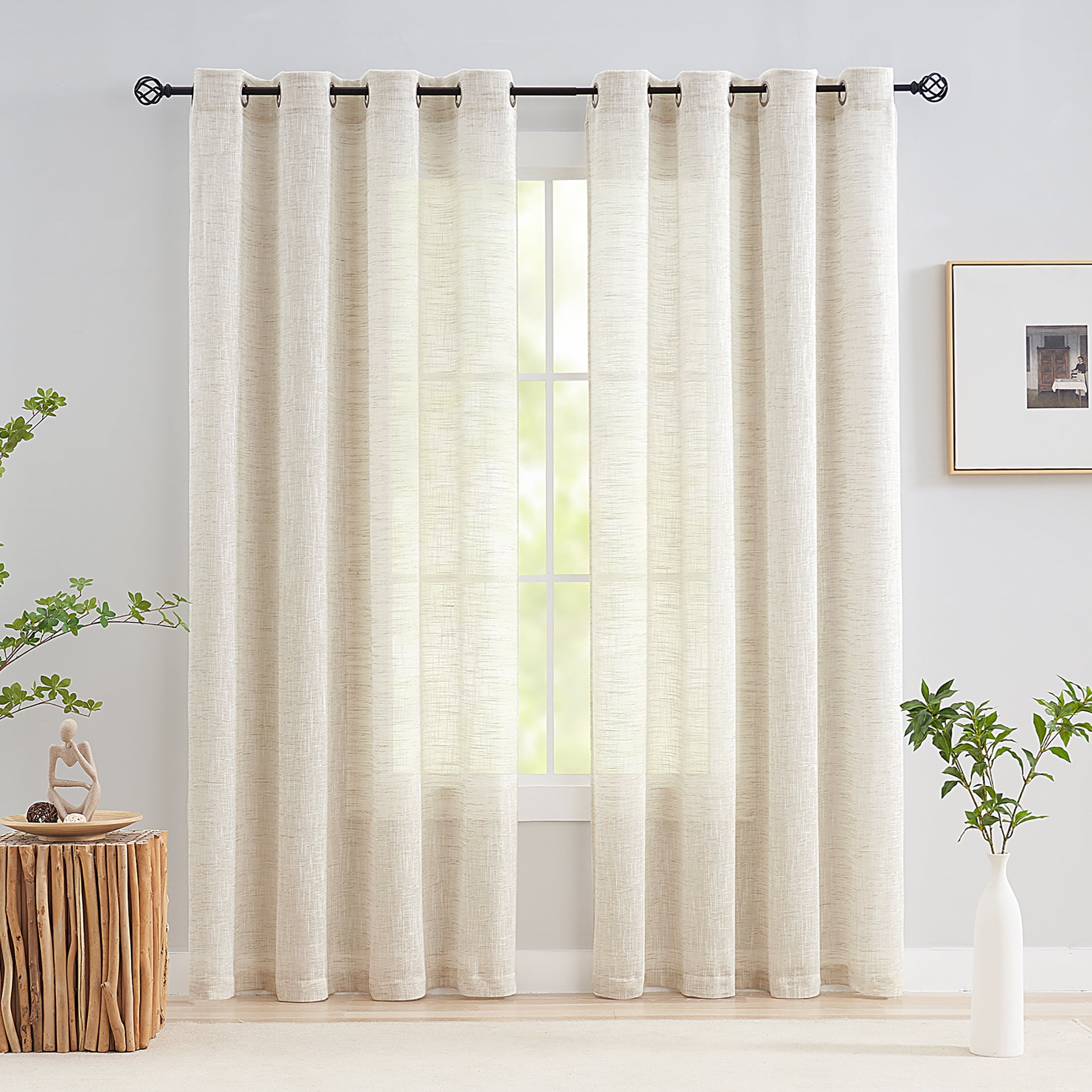 "Exultantex Semi Sheer Linen Curtains, Natural Beige, 52""W x 95""L, 2 ...