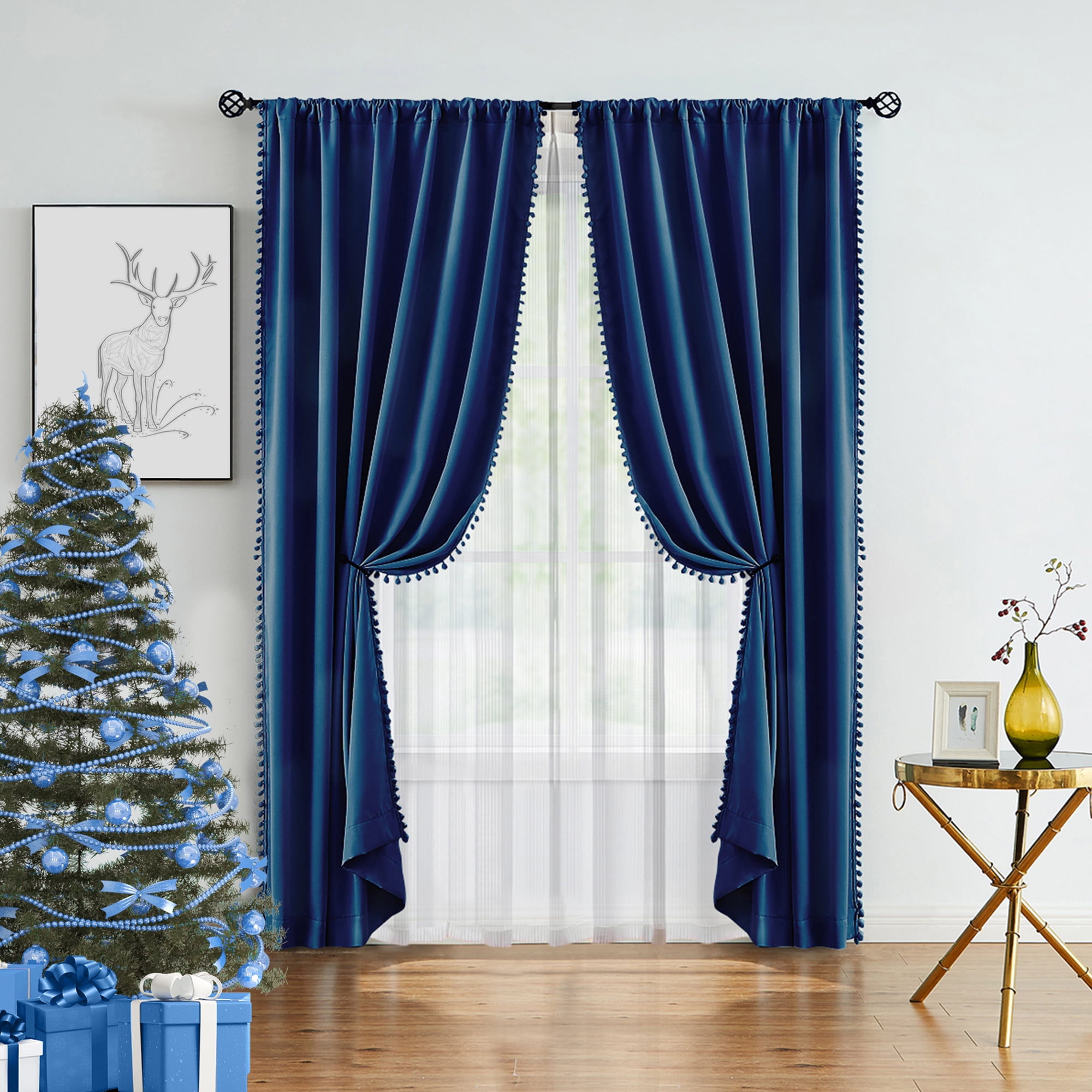 Exultantex Royal Blue Pompom Blackout Curtains for Bedroom/Living Room ...