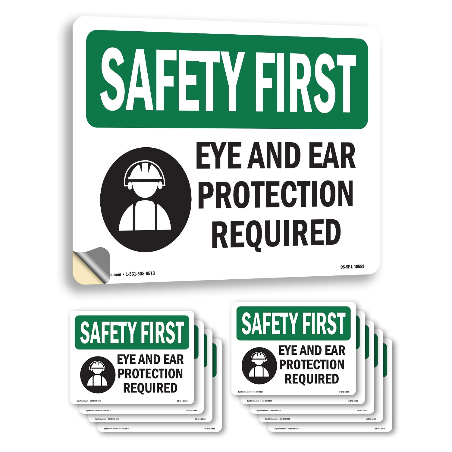 Eye And Ear Protection Required With Symbol OSHA SAFETY FIRST Vinyl ...