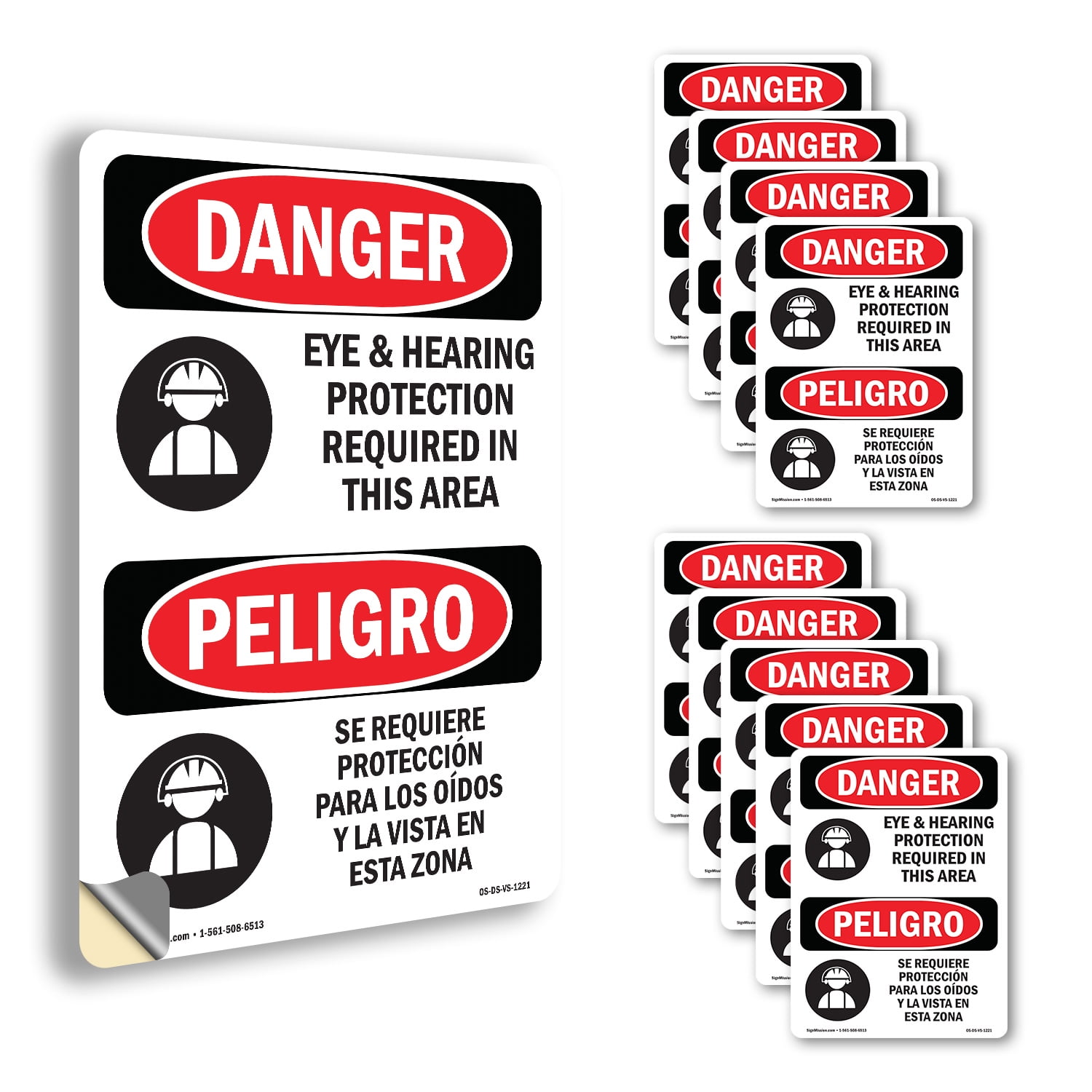 Eye And Hearing Protection Required Bilingual OSHA Danger Vinyl Decal ...