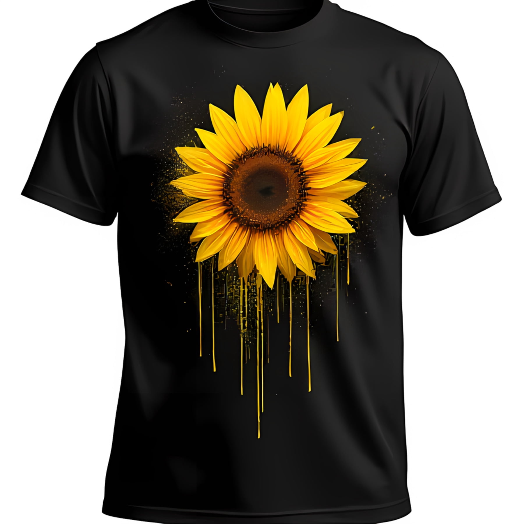 Eye Catching Black T-Shirt with Bright Yellow Sunflower & Gold Drip ...