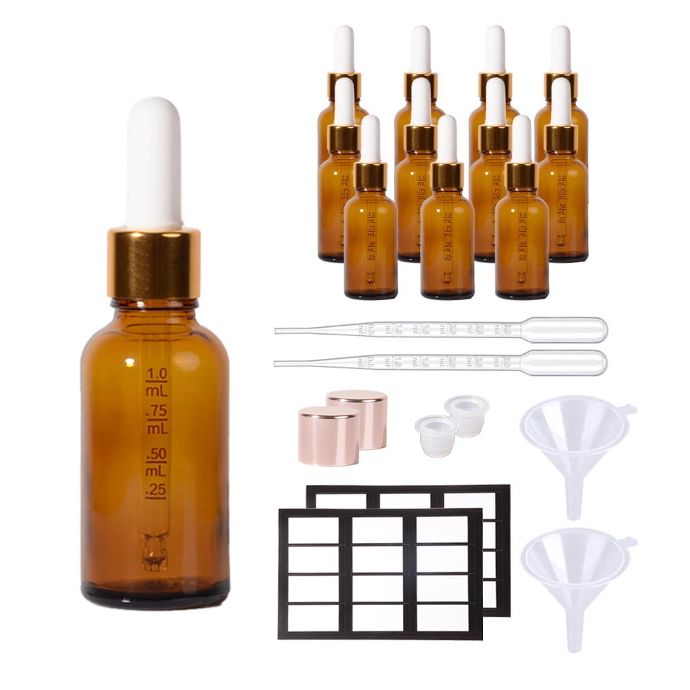 1 oz 12 Pack Amber Glass Bottles 30ml with Golden Caps, Extra Plastic ...