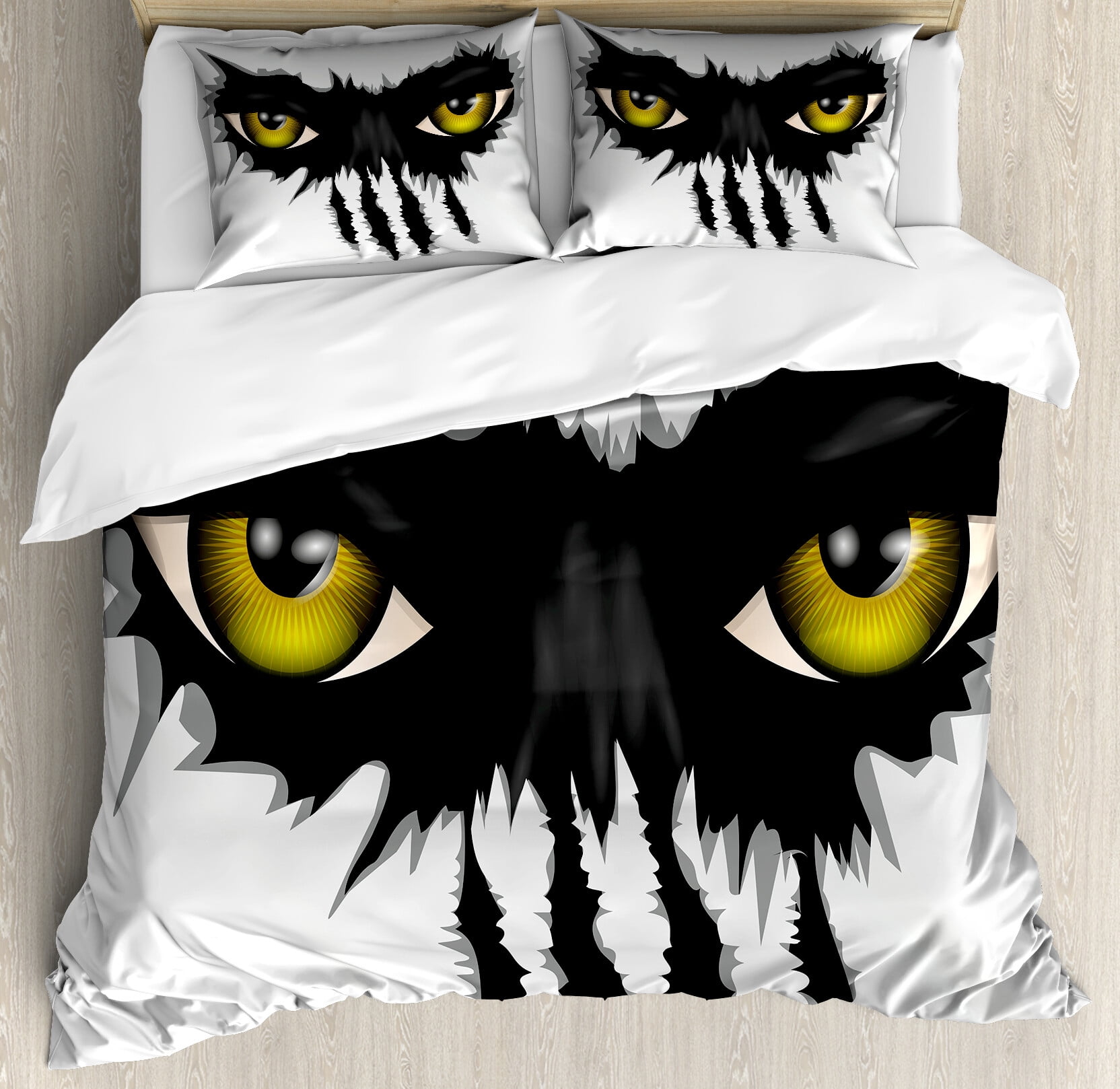 Eye Duvet Cover Set, Evil Eyes of Wild Black Cat Staring Face Werewolf ...