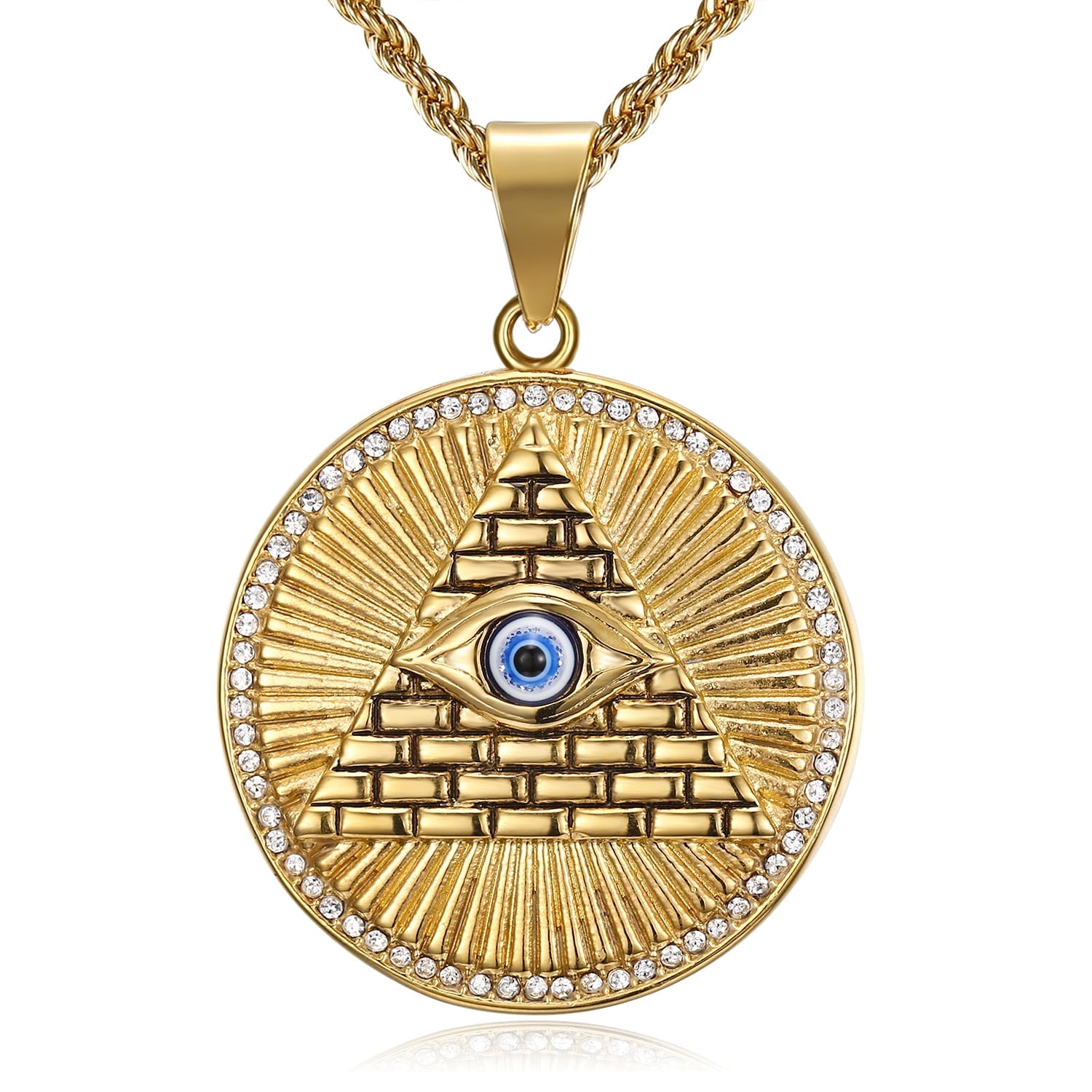 NEGS Blue Evil Eye on Pyramid Egyptian Pendant Stainless Steel Necklace ...