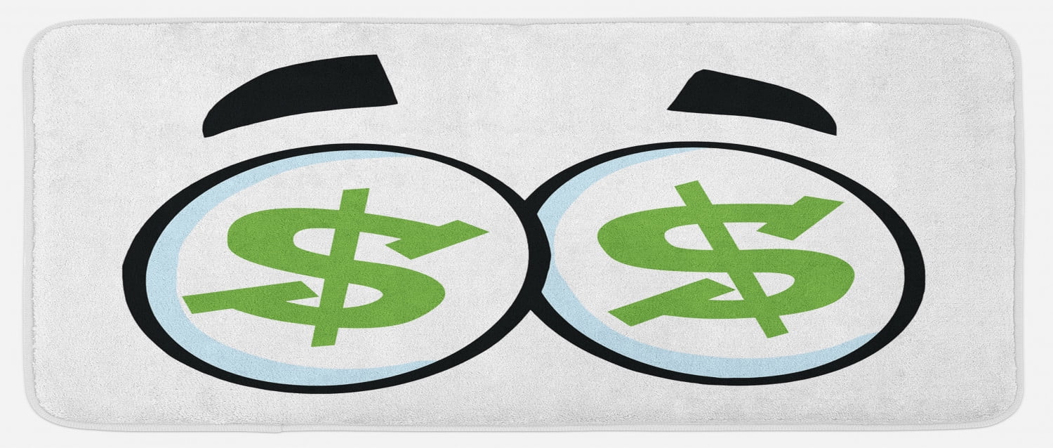 Eye Kitchen Mat, Green Dollar Signs in Big Cartoon Eyes Greed for Money ...