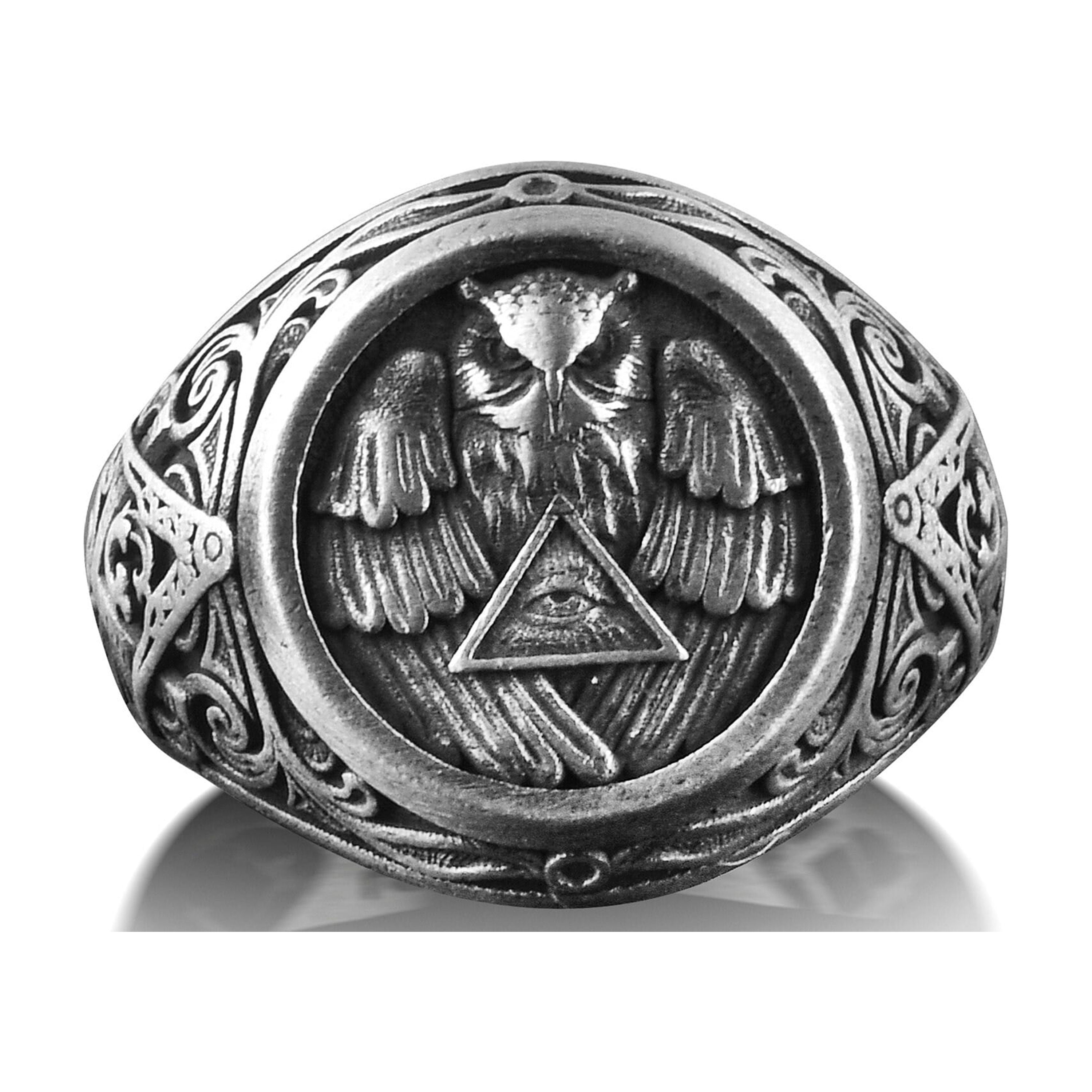 Eye Of Providence Owl Mens Silver Ring, Freemason Engraved Signet Ring ...