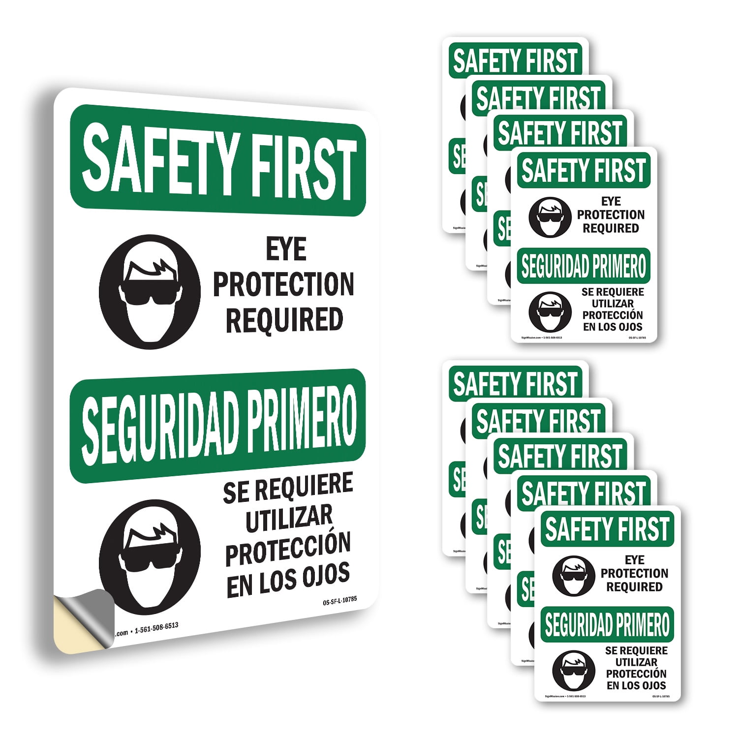 Eye Protection Required Bilingual OSHA SAFETY FIRST Vinyl Decal Label ...