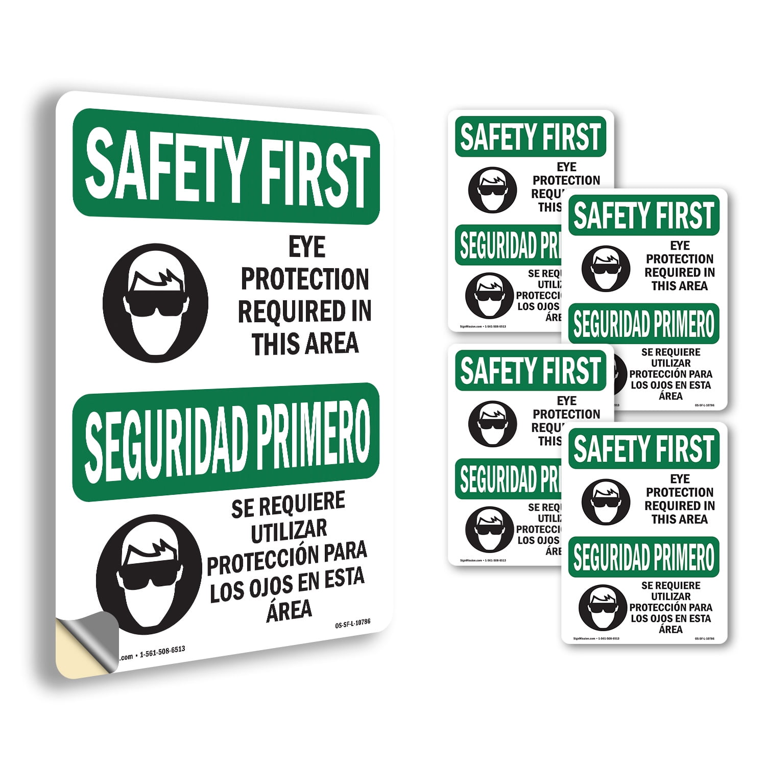 Eye Protection Required Bilingual OSHA SAFETY FIRST Vinyl Decal Label ...