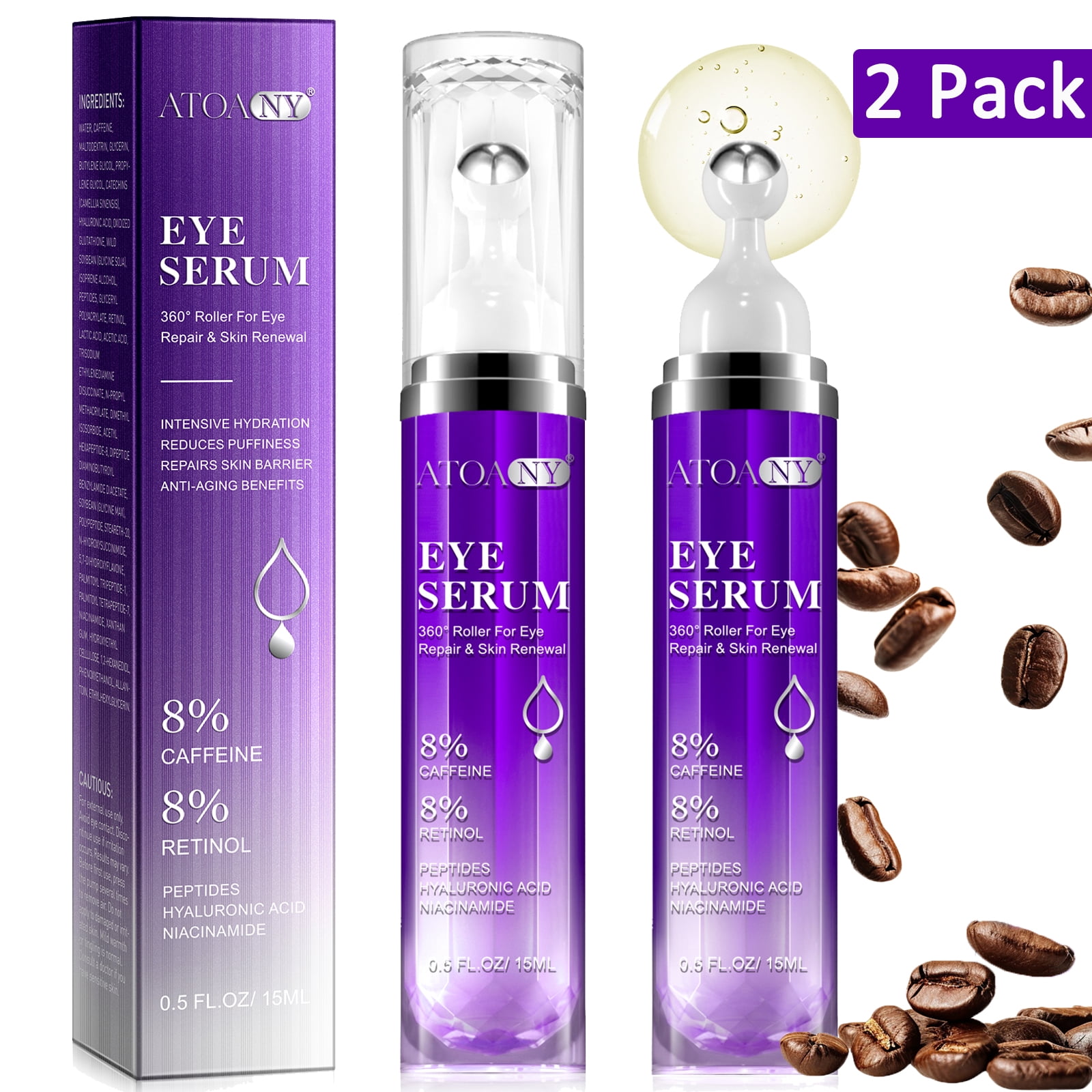 Eye Treatment Serum with 8% Caffeine & Retinol, Hyaluronic Acid, 0.5 fl ...